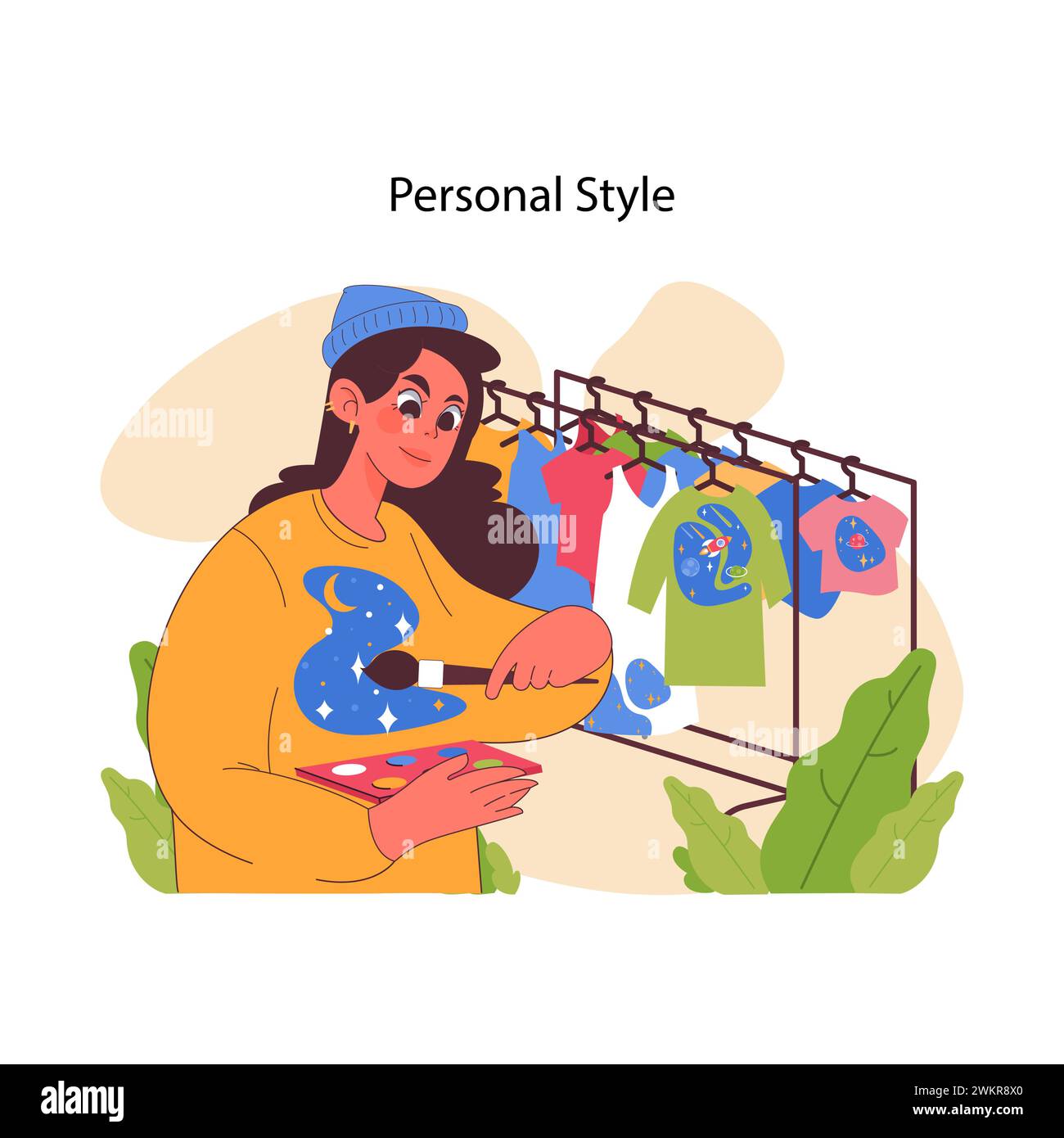 Personal style concept. Stylish individual curating wardrobe, painting ...