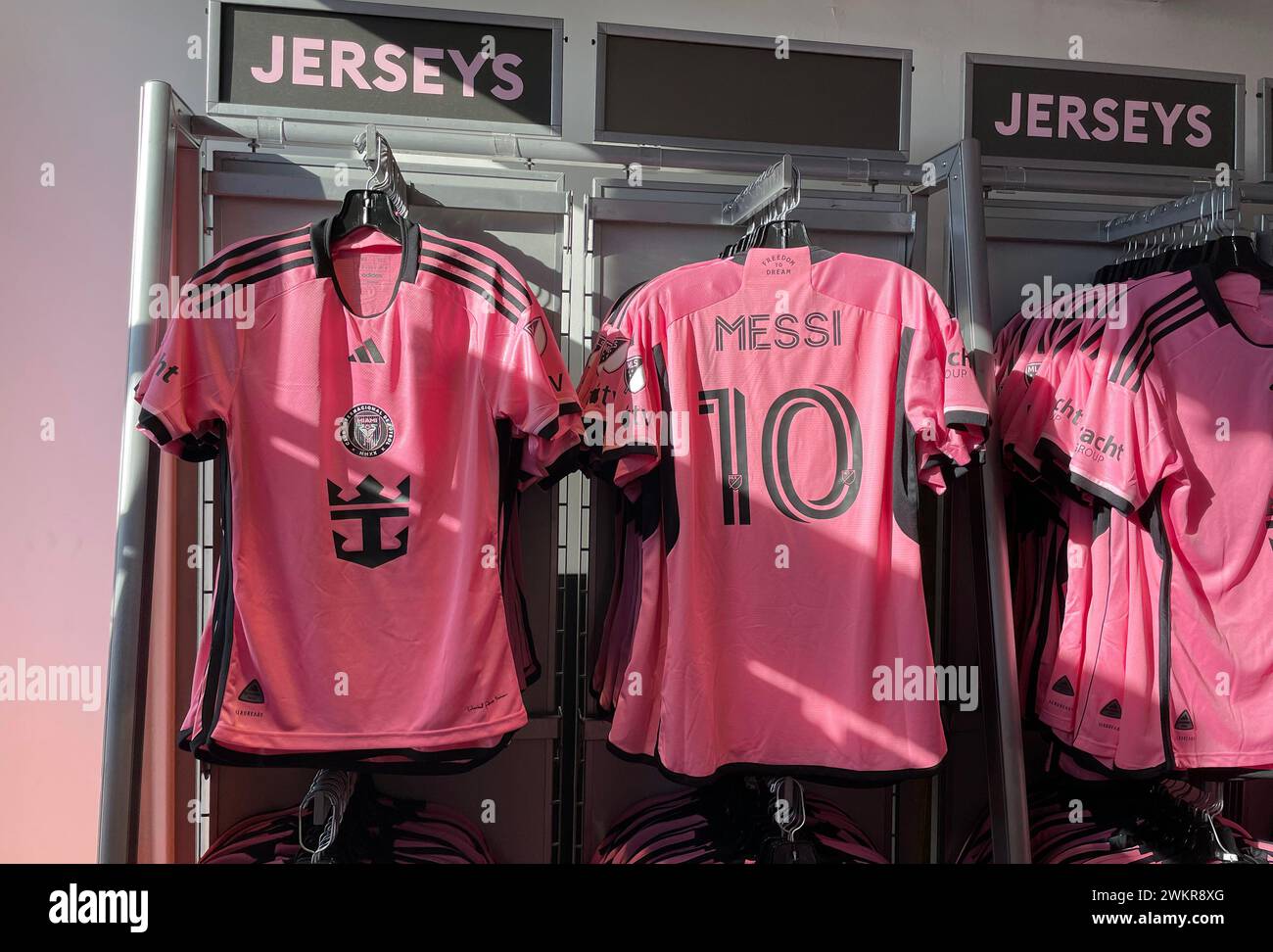 A general view of shirts with the name of Inter Miami's Lionel Messi at ...