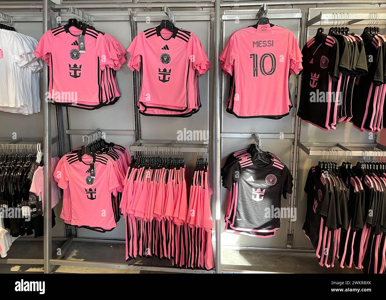 A general view of shirts with the name of Inter Miami's Lionel Messi at ...