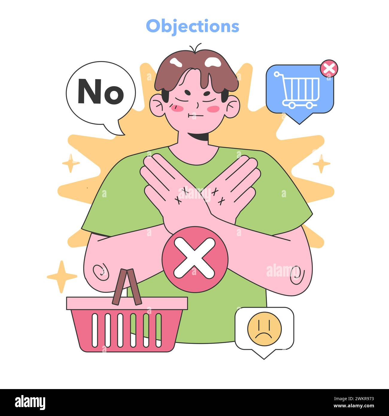 A skeptical character crosses arms, signaling 'No' to a shopping cart ...