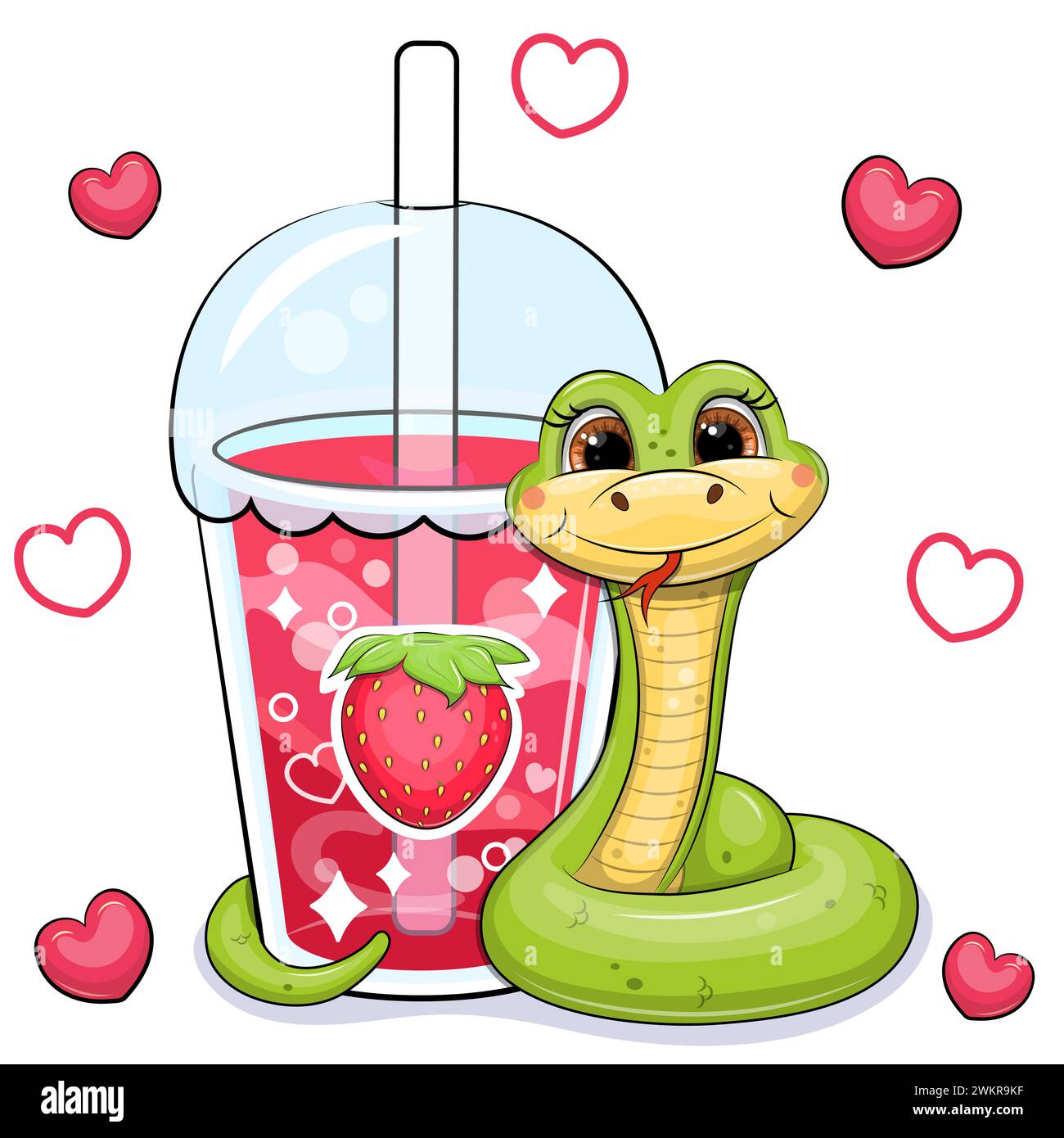Cute cartoon green snake with a big strawberry drink. Vector ...