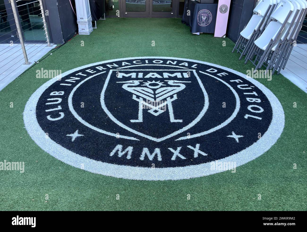 A general view of the club logo at Chase Stadium, home of Inter Miami ...