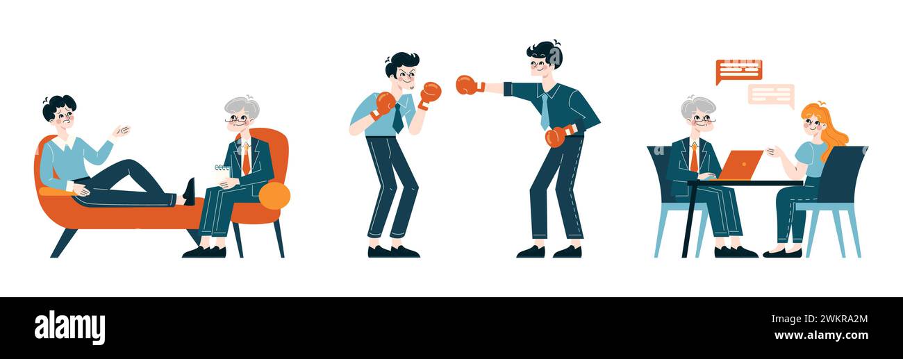 Corporate Communication set. People talk to a psychologist, box with ...
