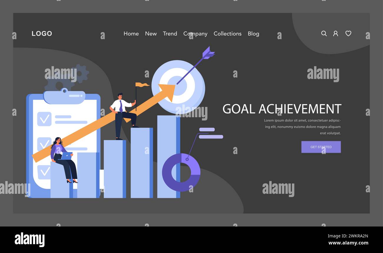 Goal Achievement emphasized dark or night mode web, landing. A man ...