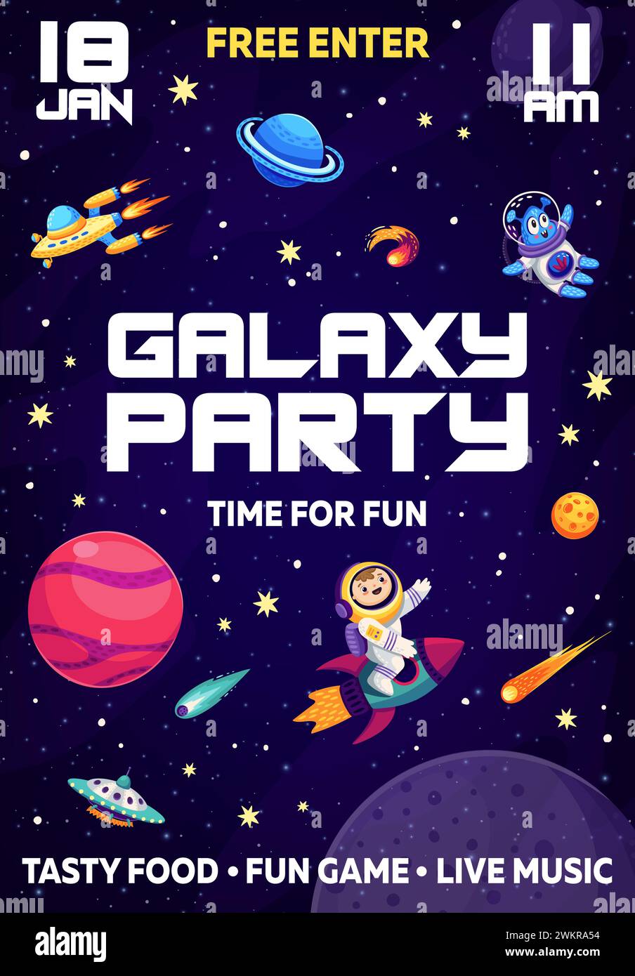 Galaxy party flyer with cartoon astronaut riding rocket, ufo, alien ...