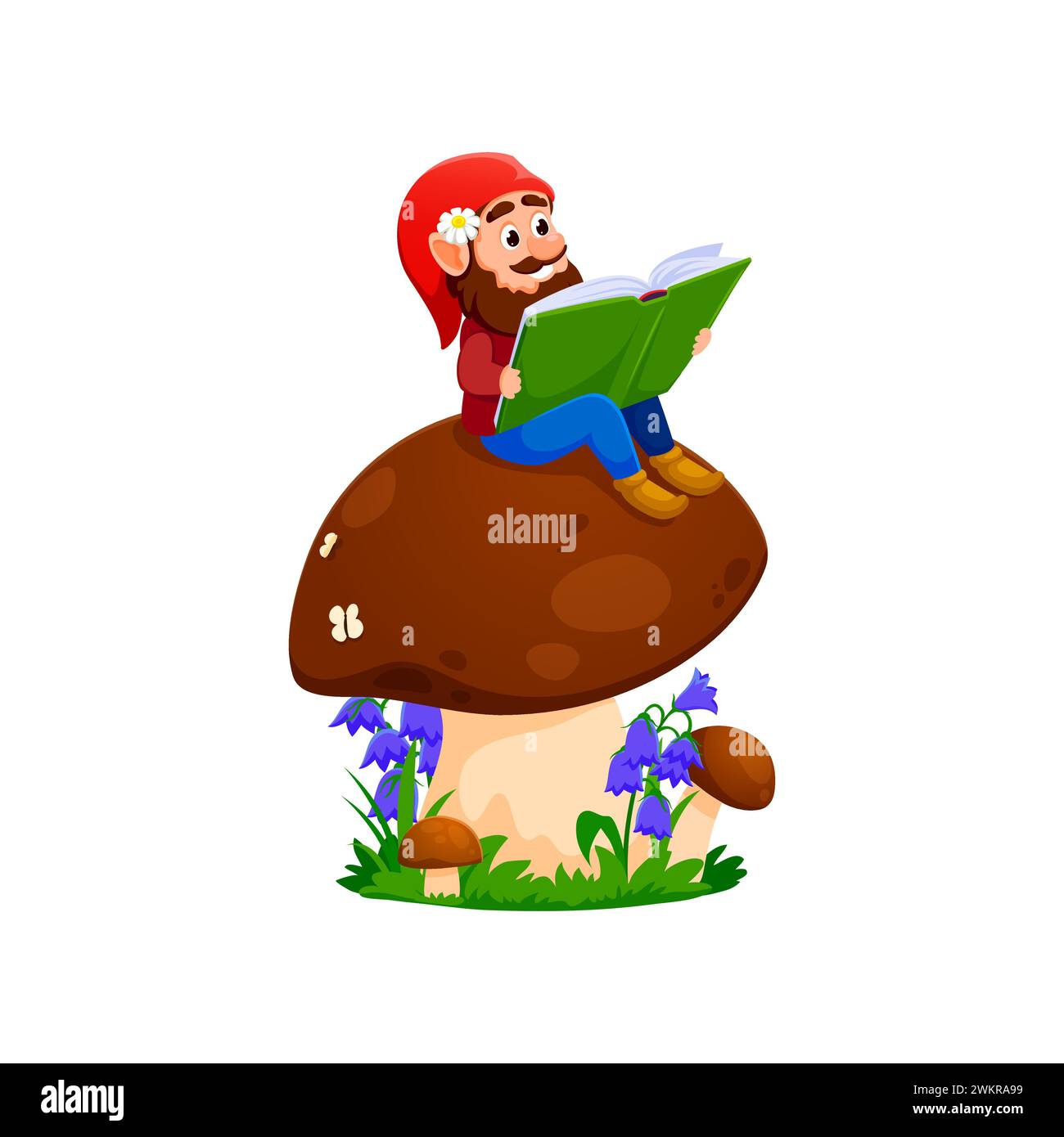Cartoon gnome or dwarf character reading, sitting on huge mushroom ...
