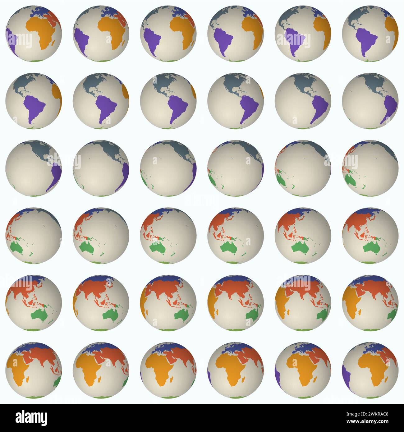 Collection of earth globes. Normal sphere view. Rotation step 10 ...