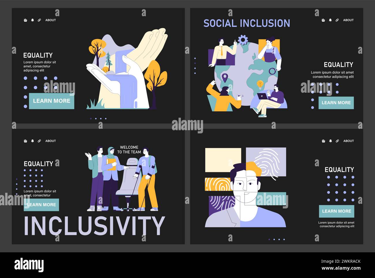 Social equity web or landing set. Civil society teamwork, environmental activism, and community ...