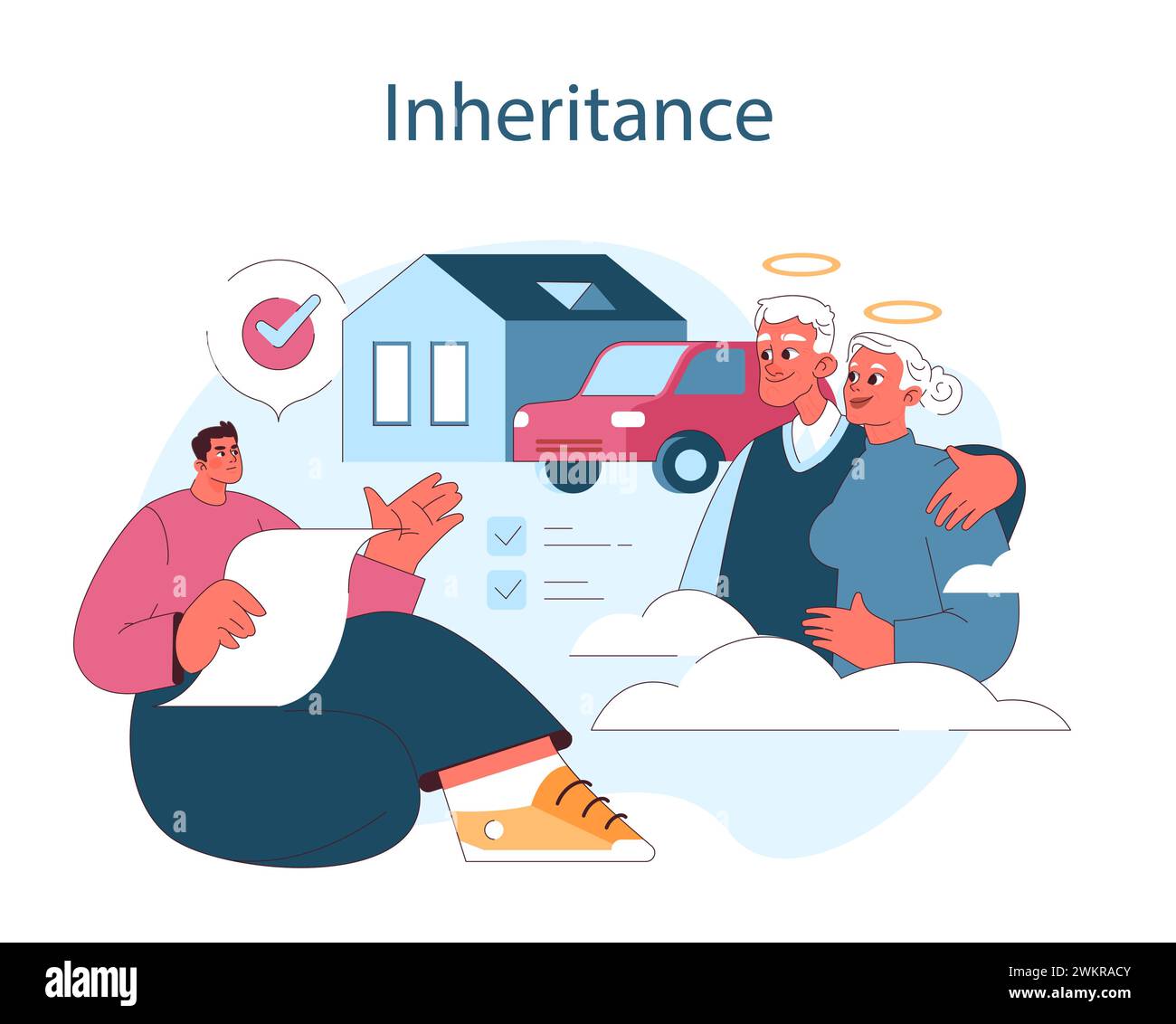 Inheritance. A man reviews estate documents with a visual metaphor of a ...
