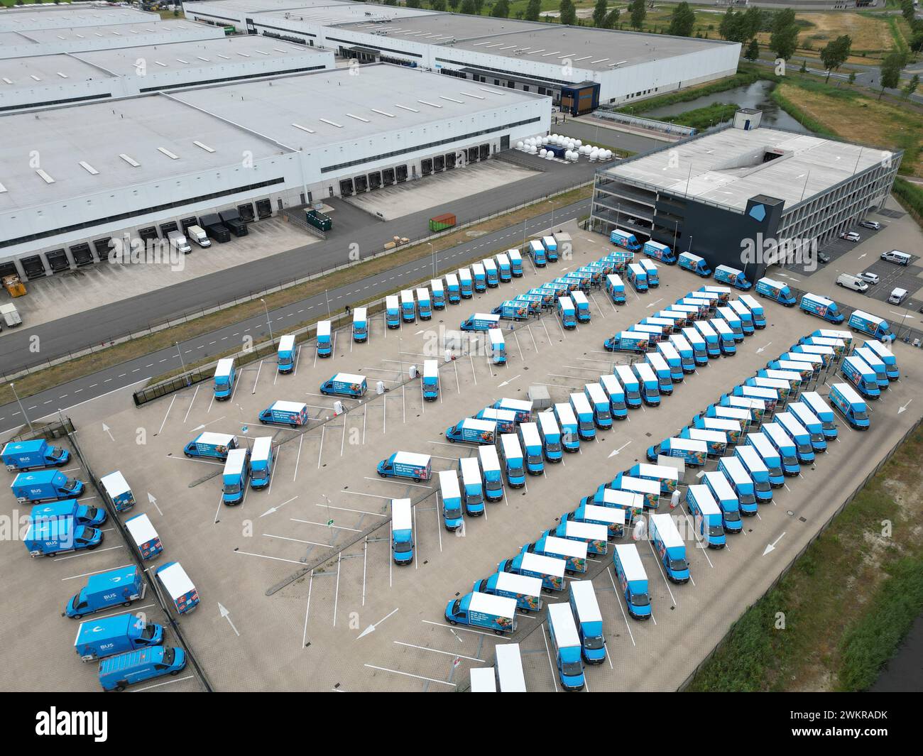 Aerial view of parked trucks at a large food distribution centre, The ...