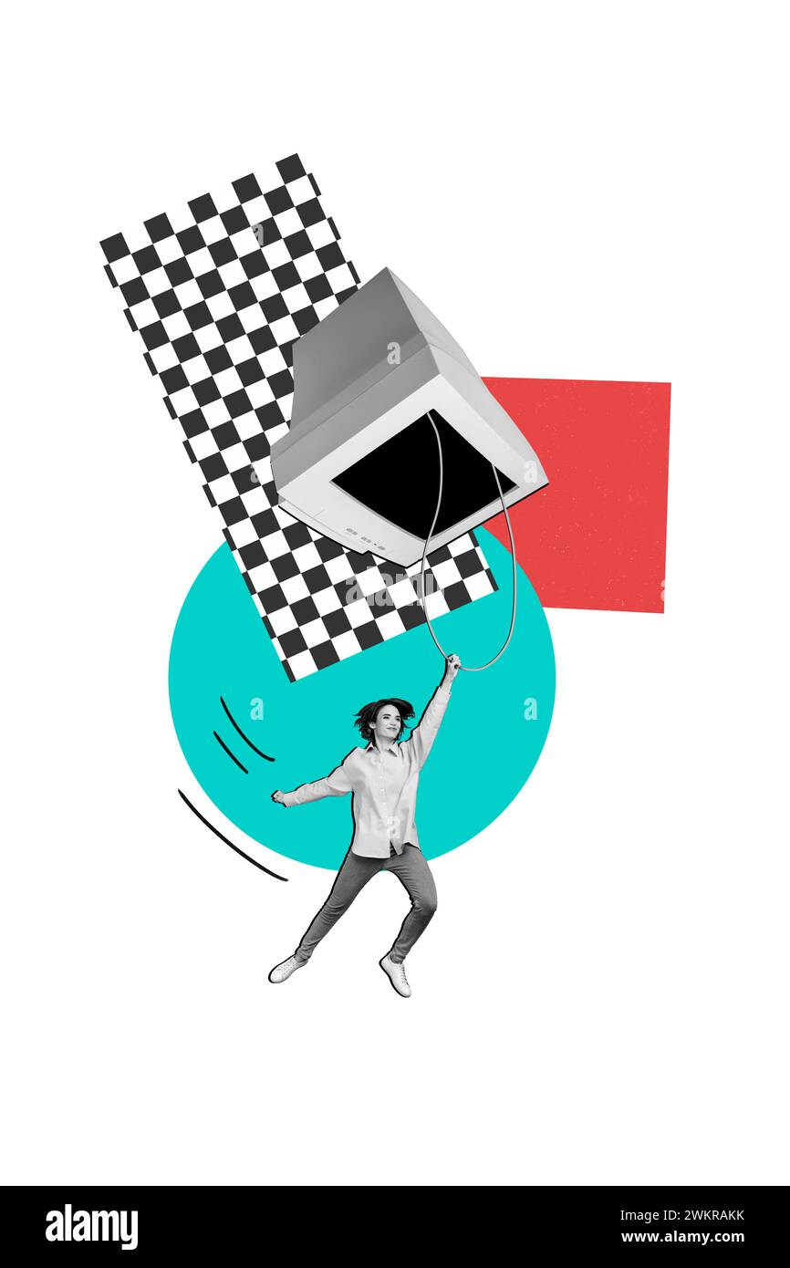 Vertical creative collage image of funny young female hold handle old ...