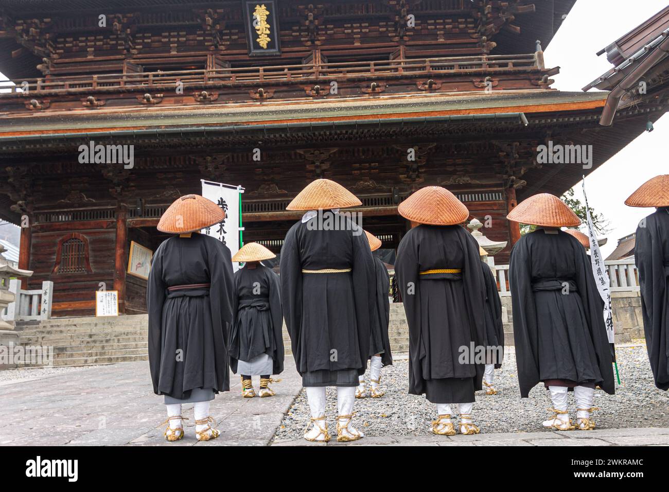 Nagano, Japan. Japanese Zen Buddhist monks of the Soto school with Kasa ...