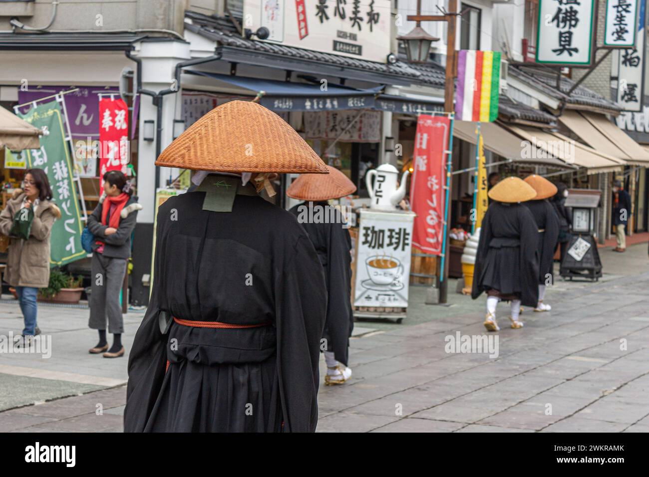 Nagano, Japan. Japanese Zen Buddhist monks of the Soto school with Kasa ...