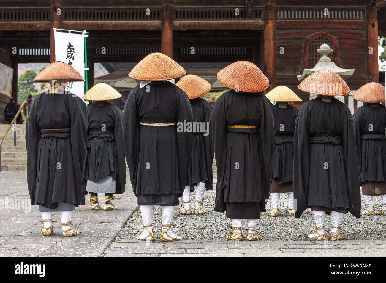 Nagano, Japan. Japanese Zen Buddhist monks of the Soto school with Kasa ...