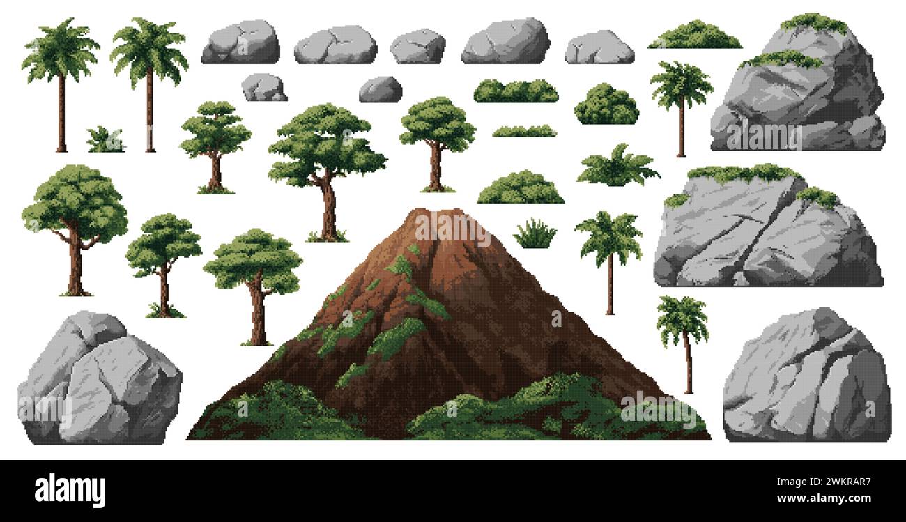 Dinosaur era environment pixel game assets, palms, stones and volcano ...
