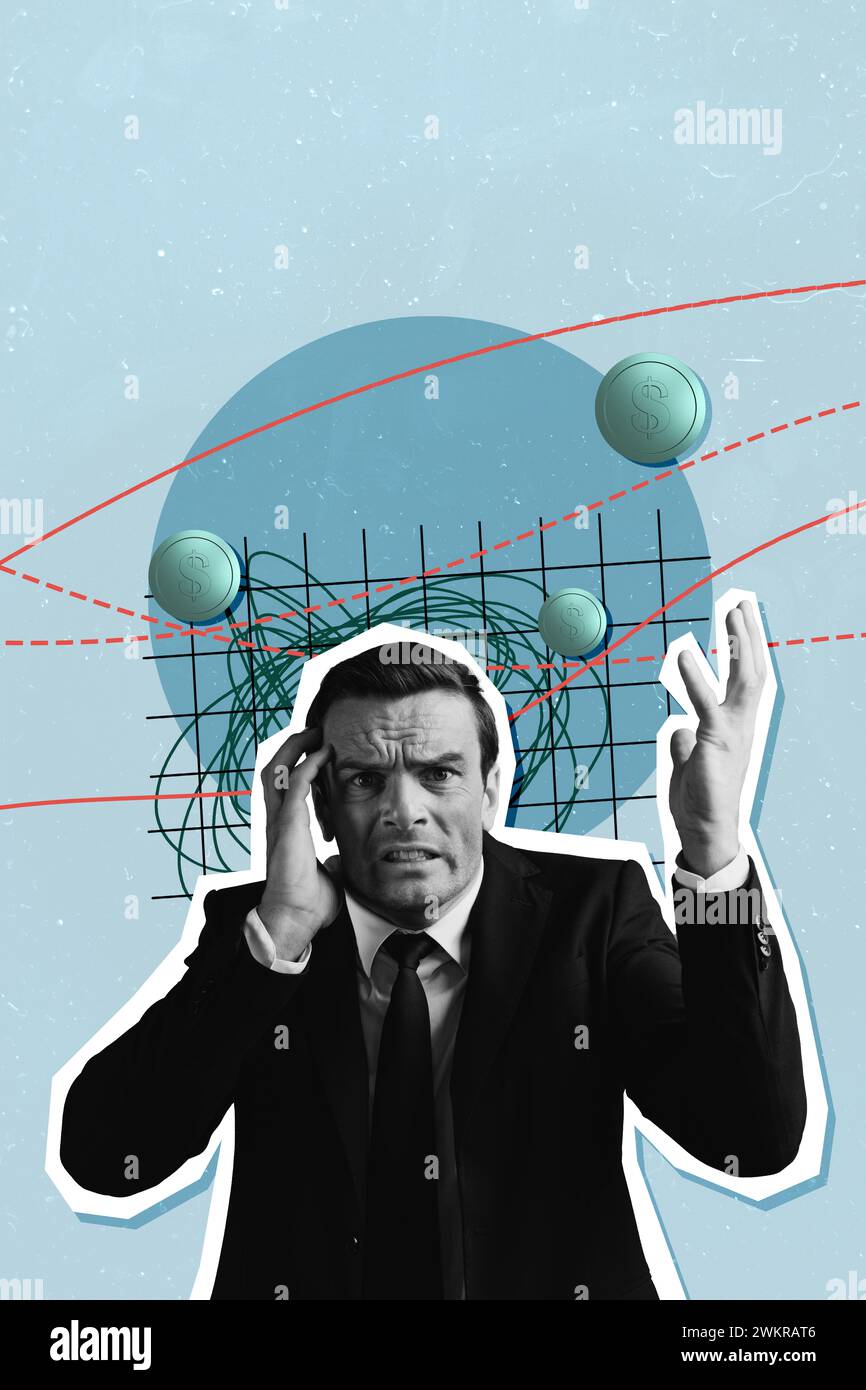 Vertical creative collage poster young businessman stressed expression ...