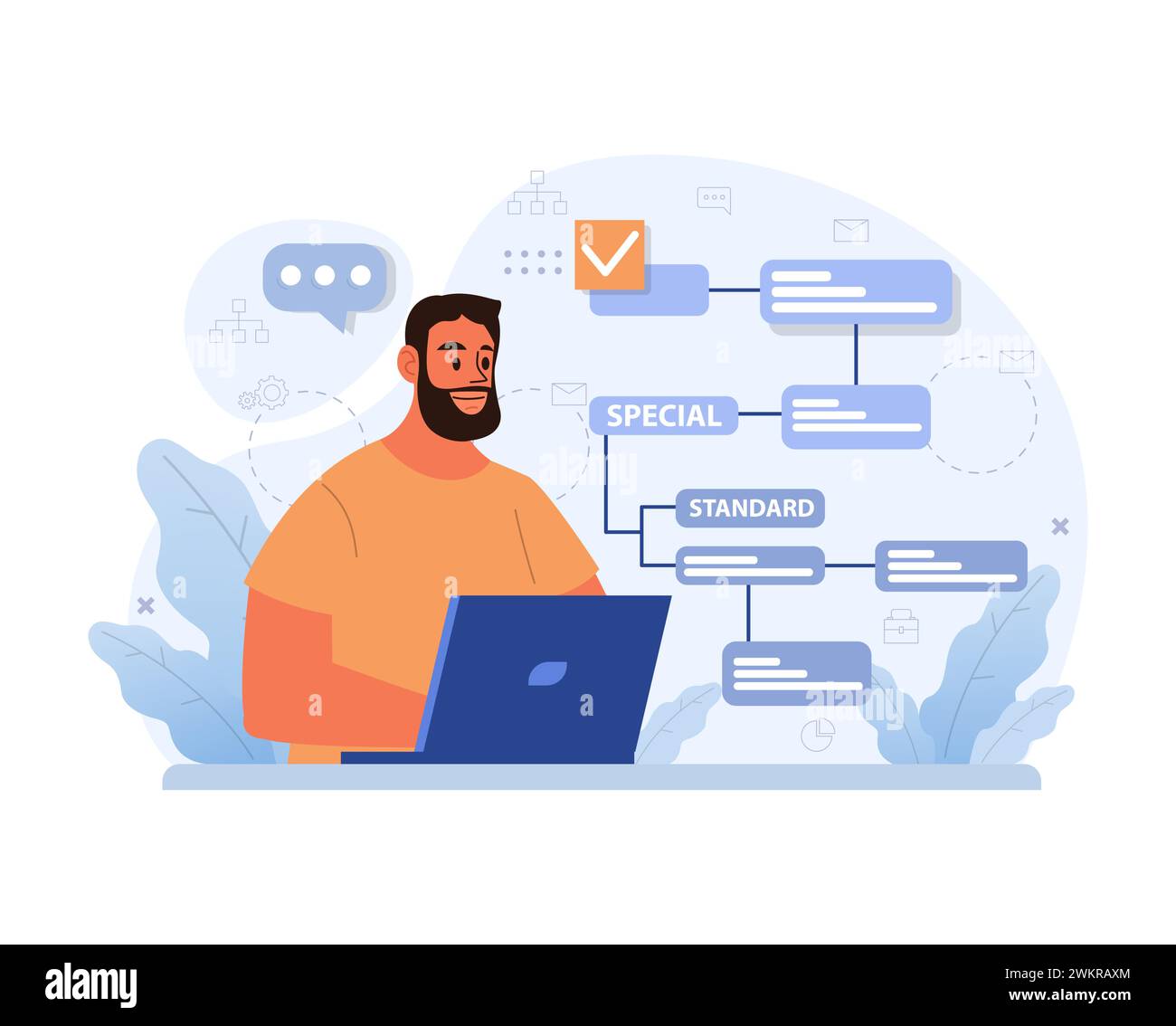 Divergent thinking concept. Man at laptop navigates decision pathways ...