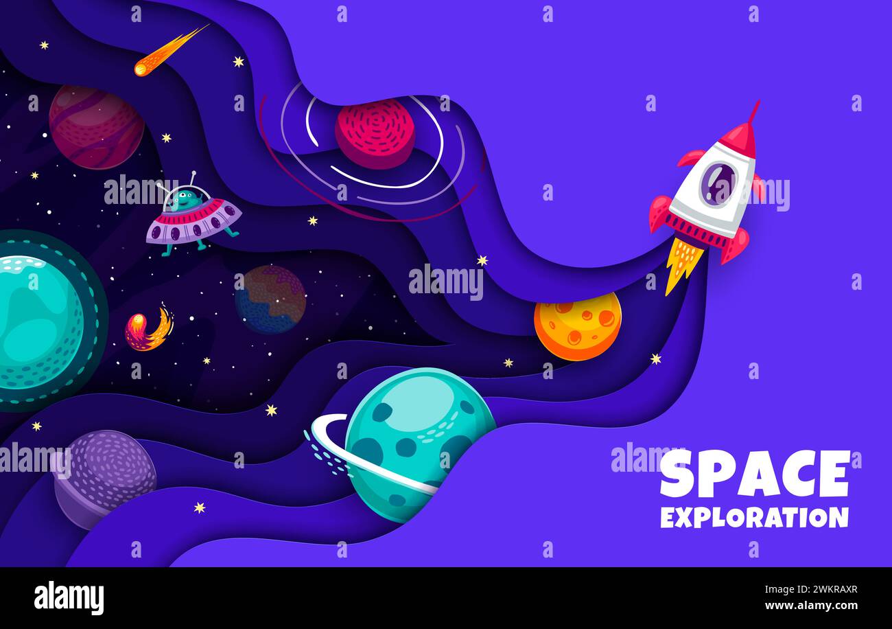 Space paper cut landscape with rocketship and starry galaxy with ...