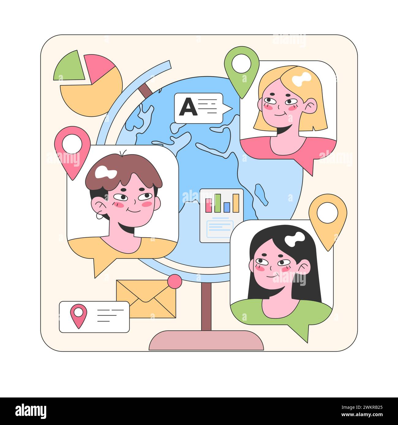 Global teamwork concept. Diverse team communicates over digital globe ...