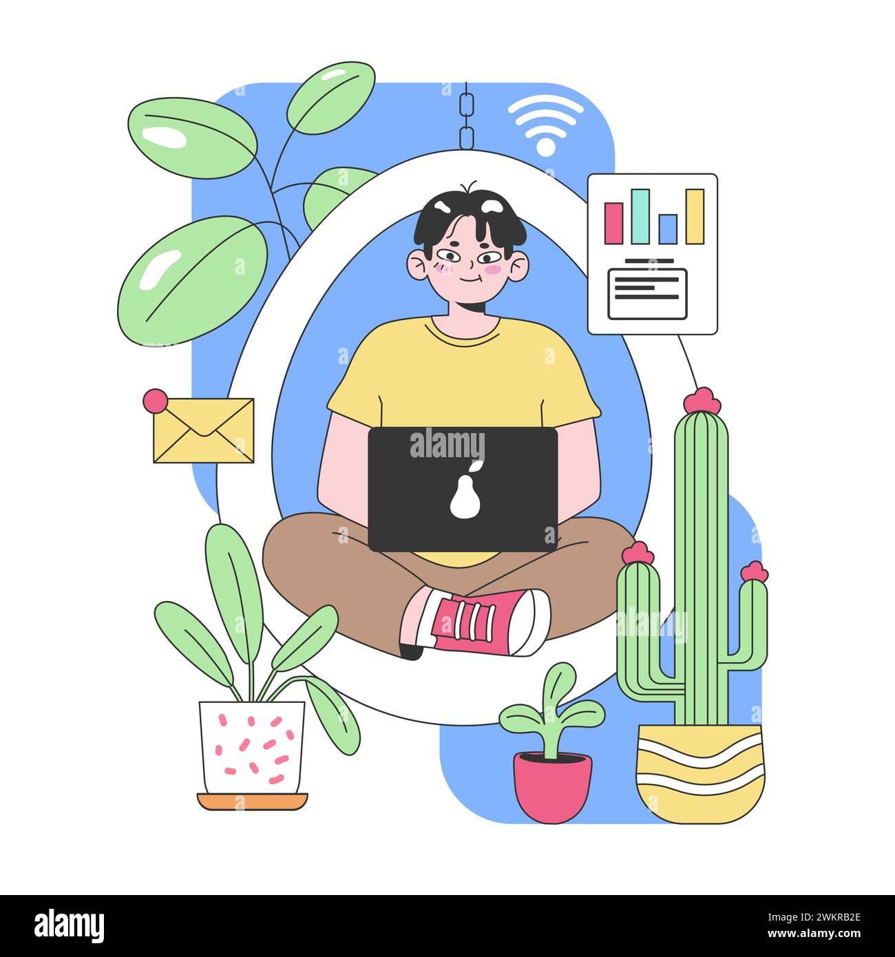 Digital workspace ambiance. A focused man with laptop amid floating ...