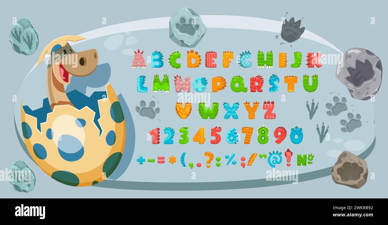 Cartoon dinosaur font, Jurassic dino type or typeface with English alphabet letters, vector ABC ...
