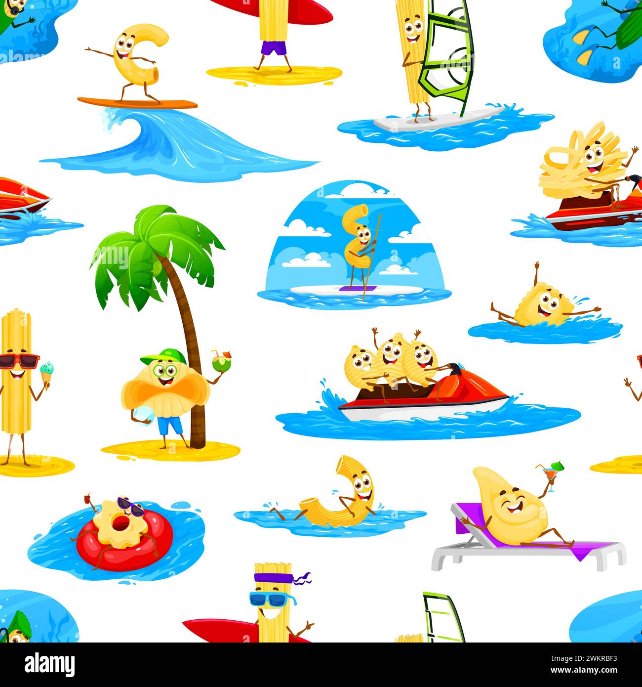Cartoon pasta characters on summer beach, seamless pattern. Textile ...