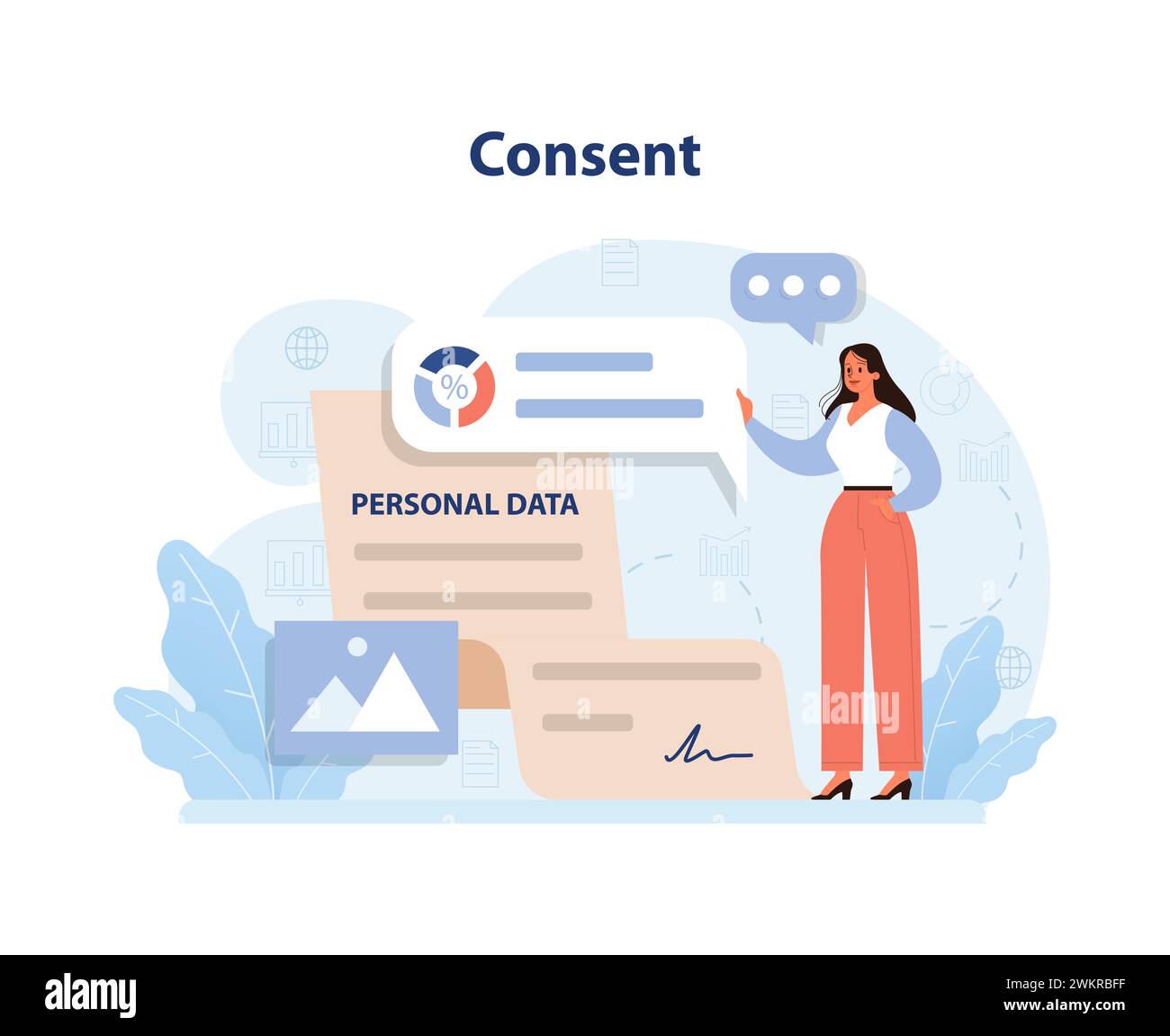 Consent concept illustration. A professional woman gestures towards a personal data form ...