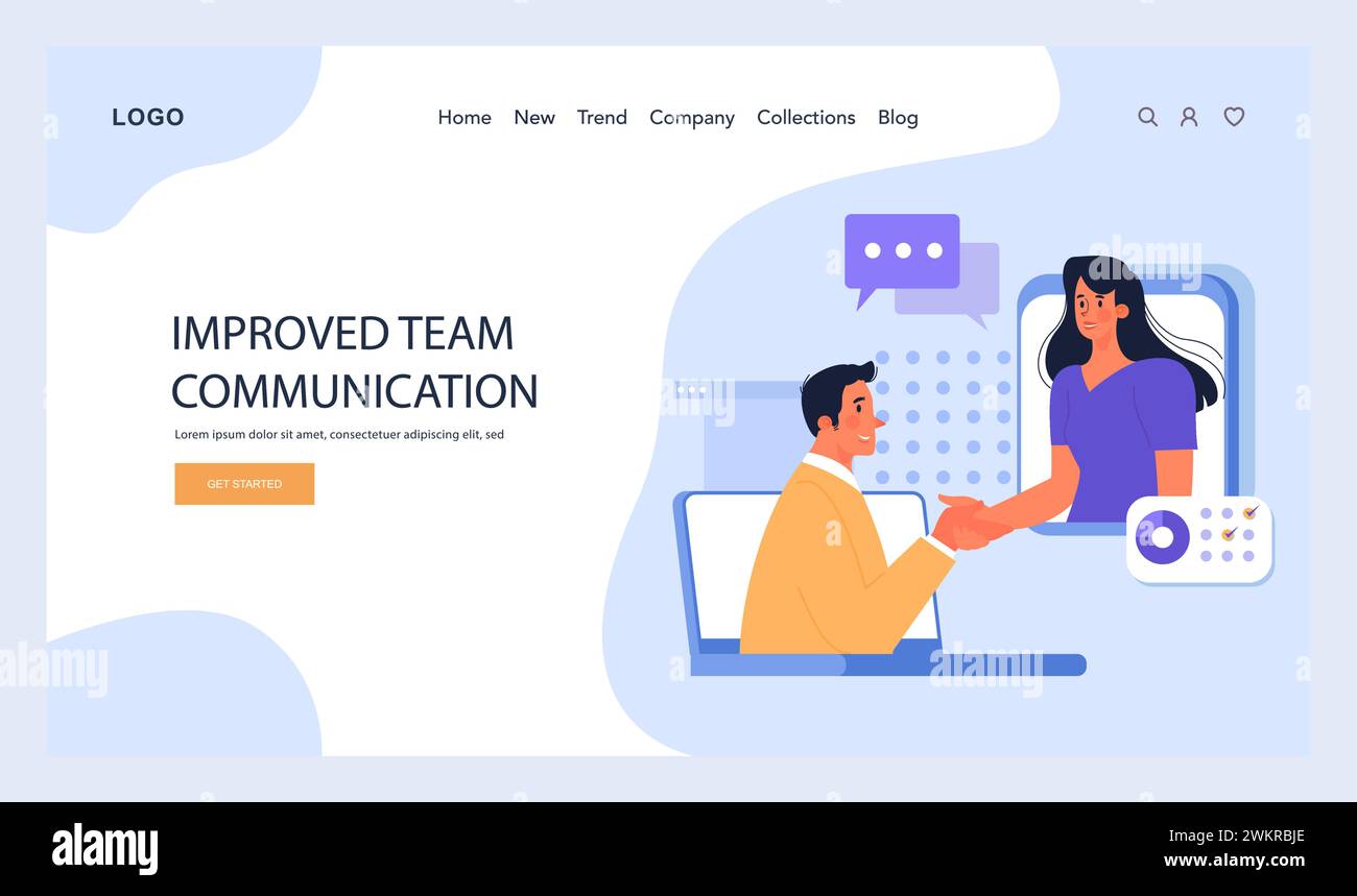 Improved Team Communication highlighted. A man on laptop virtually ...
