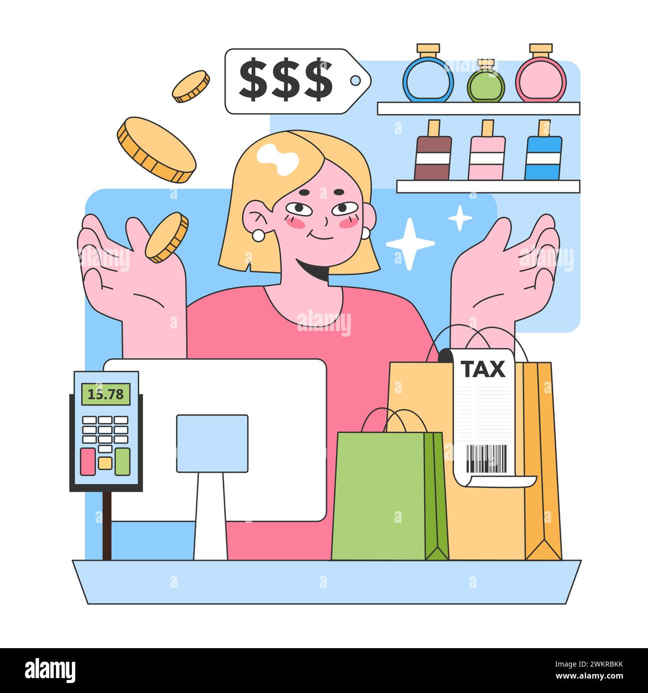 Retail cashier workplace. Blonde woman efficiently processes purchases ...