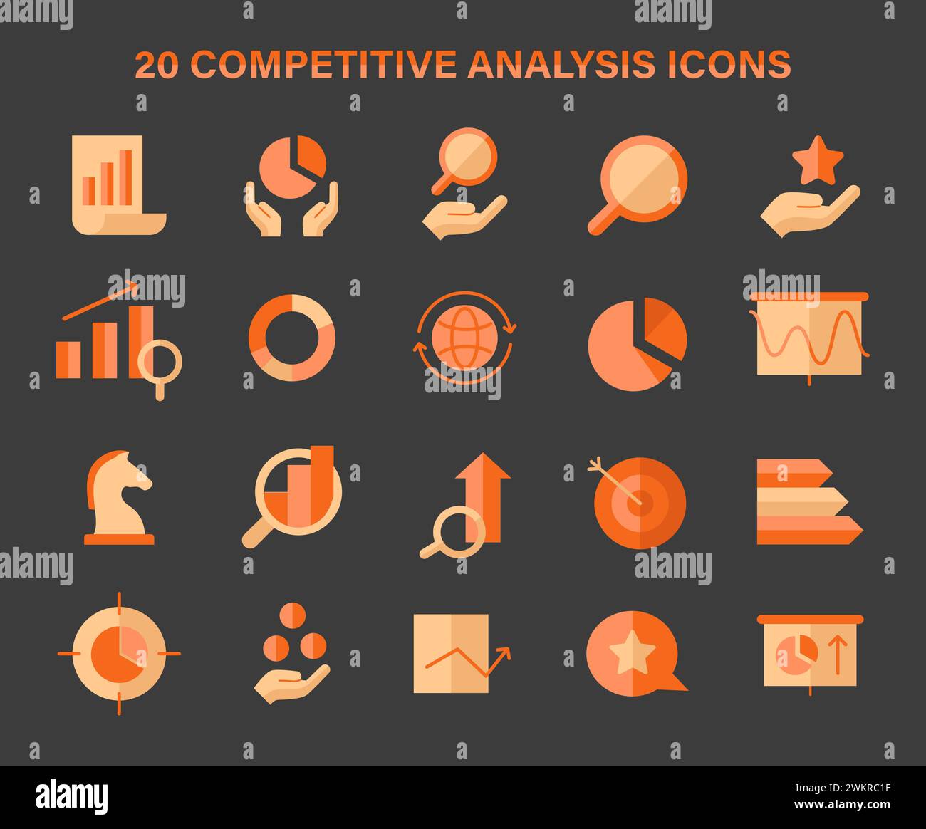 Icon set for competitive analysis. Essential visual tools for market research, data ...