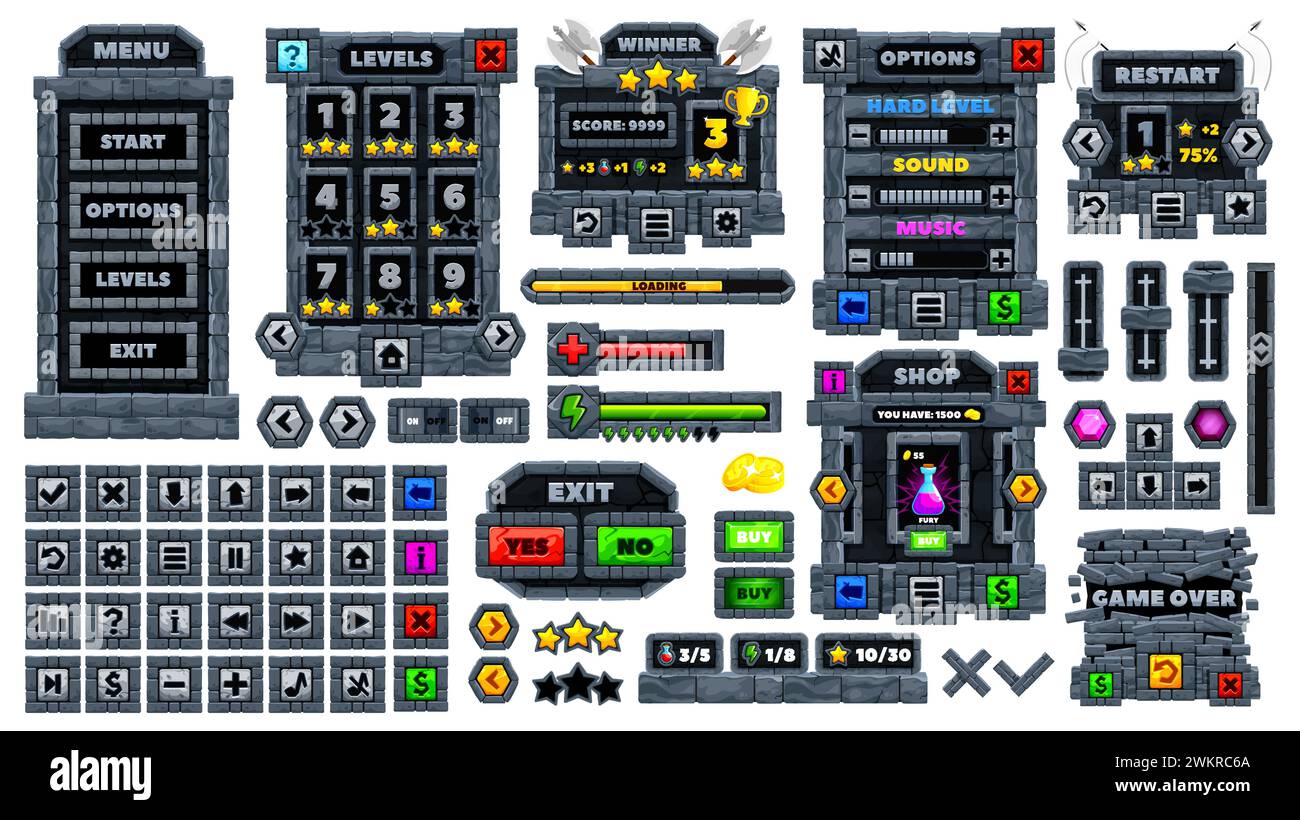 Medieval stone game interface and UI game buttons for GUI, vector ... Medieval stone game interface and UI game buttons for GUI, vector ...