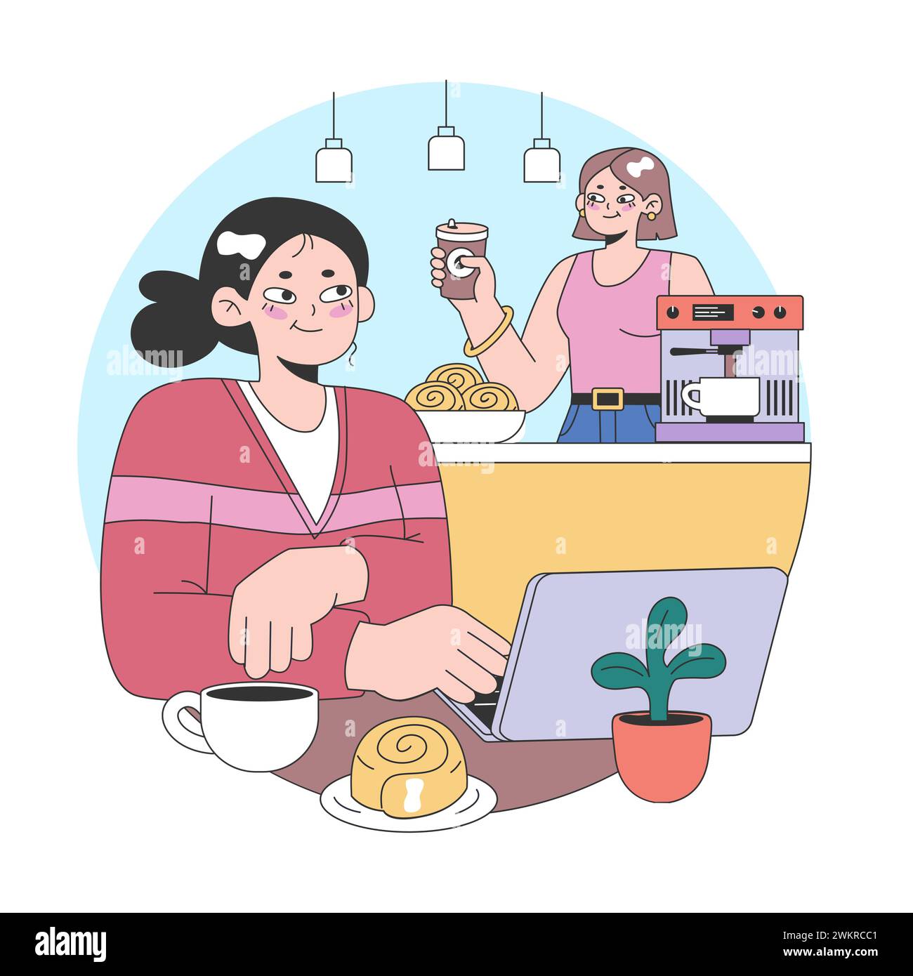 Cozy cafe workspace concept. Professional enjoys laptop time while ...