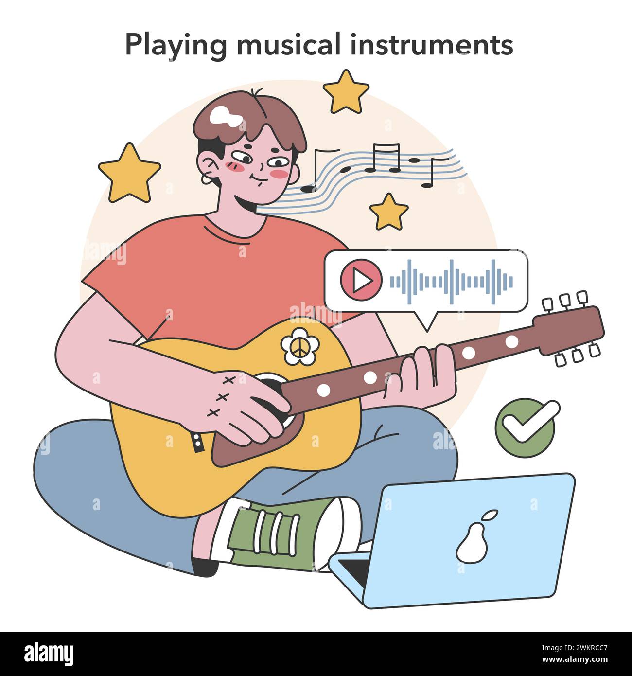 A joyful portrayal of learning music, with a character playing the ...