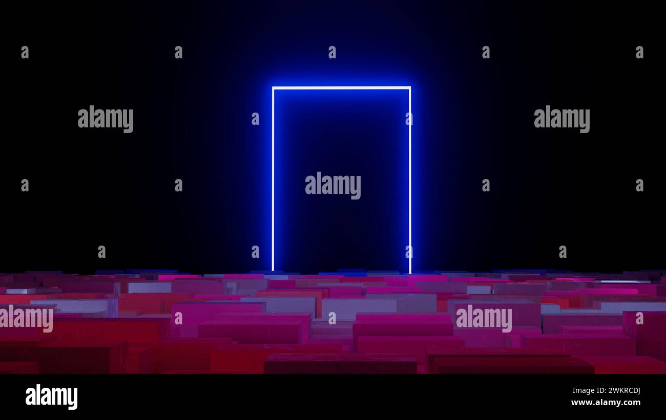 3d illustration blue quadrant neon portal on abstract background of ...