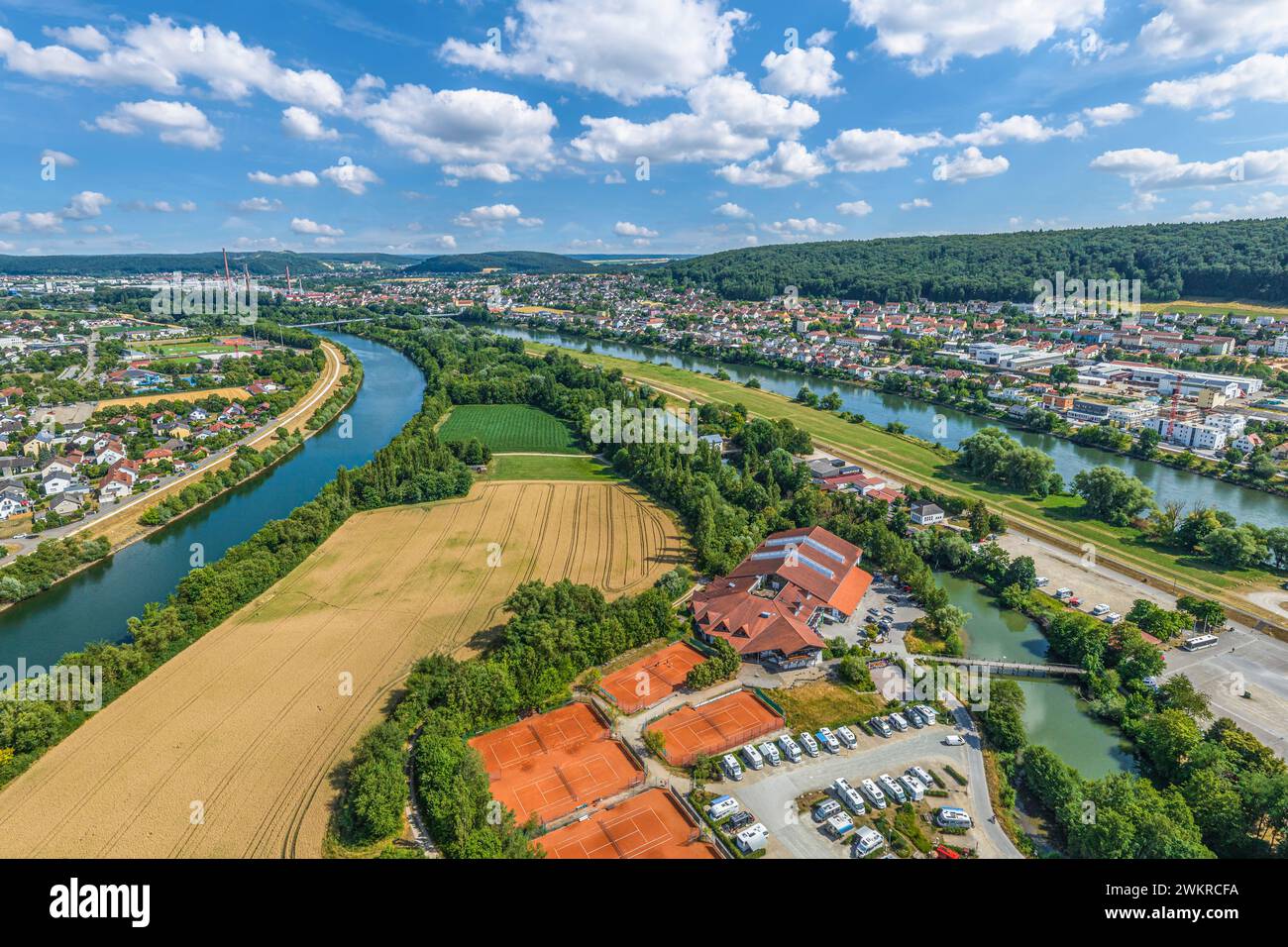 View of the town of Kelheim at the mouth of the Altmühl into the Danube ...