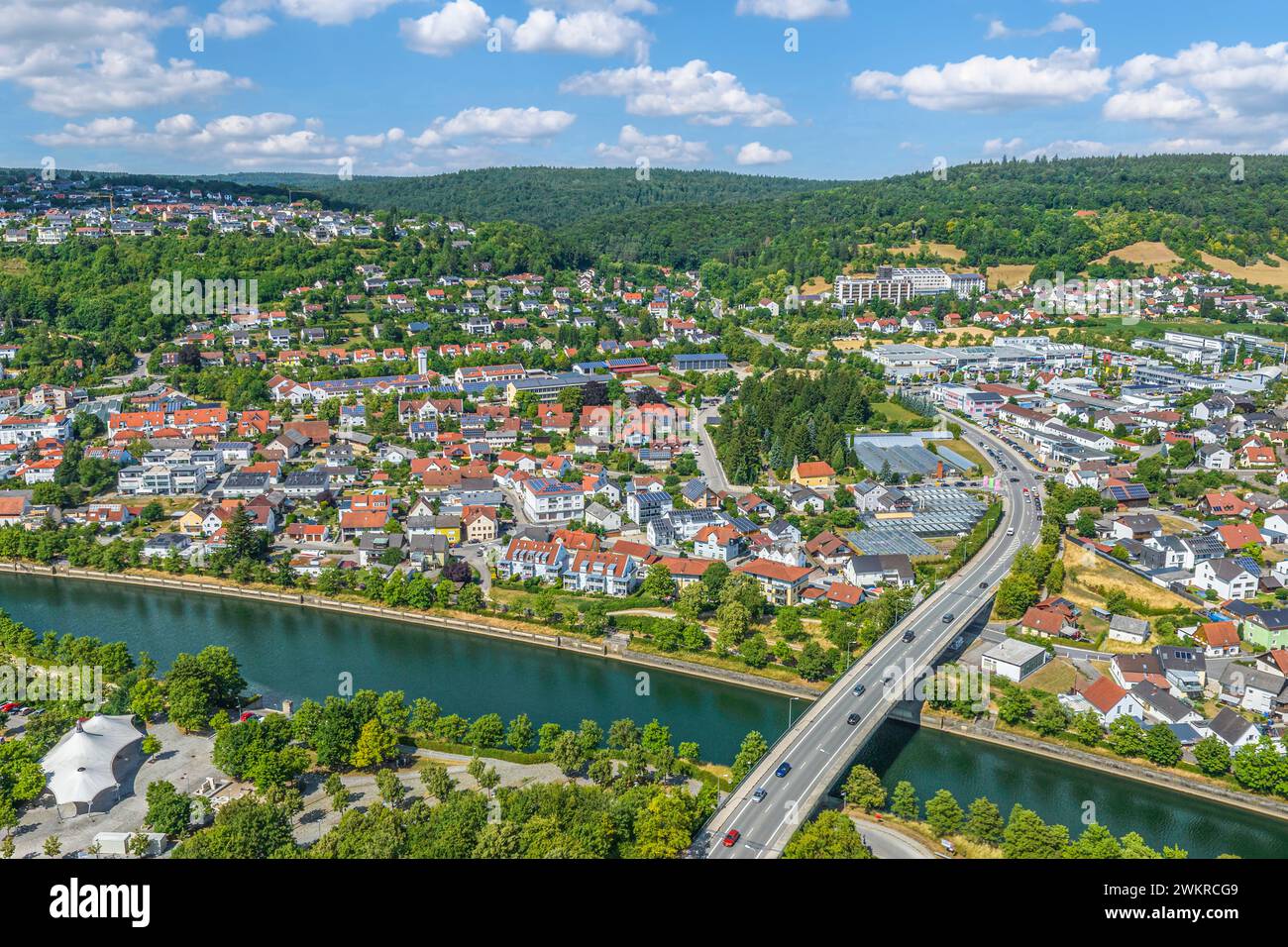 View of the town of Kelheim at the mouth of the Altmühl into the Danube ...
