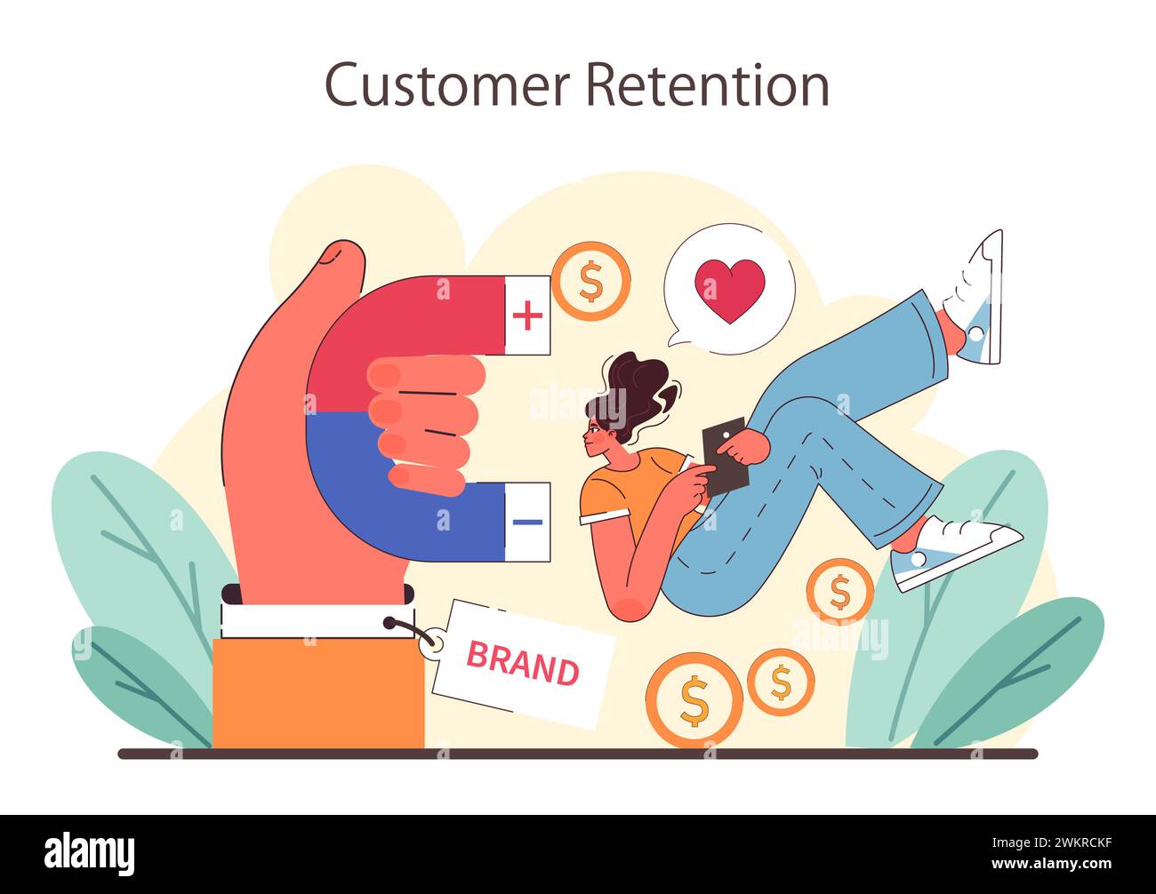 Customer Retention concept. A magnet in brand colors attracts a content ...
