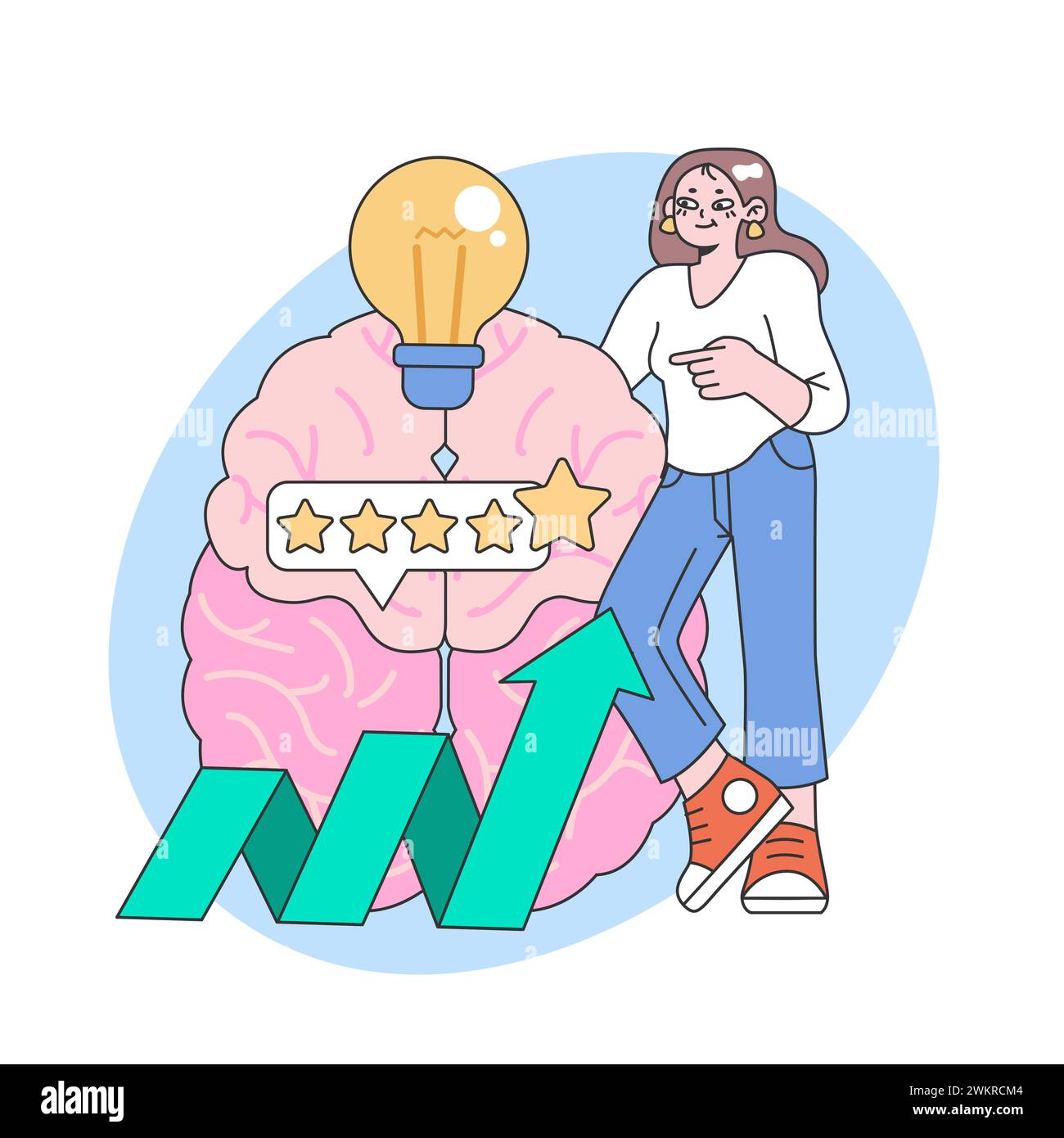 Growth mindset concept. Woman contemplating a brain with a luminous ...