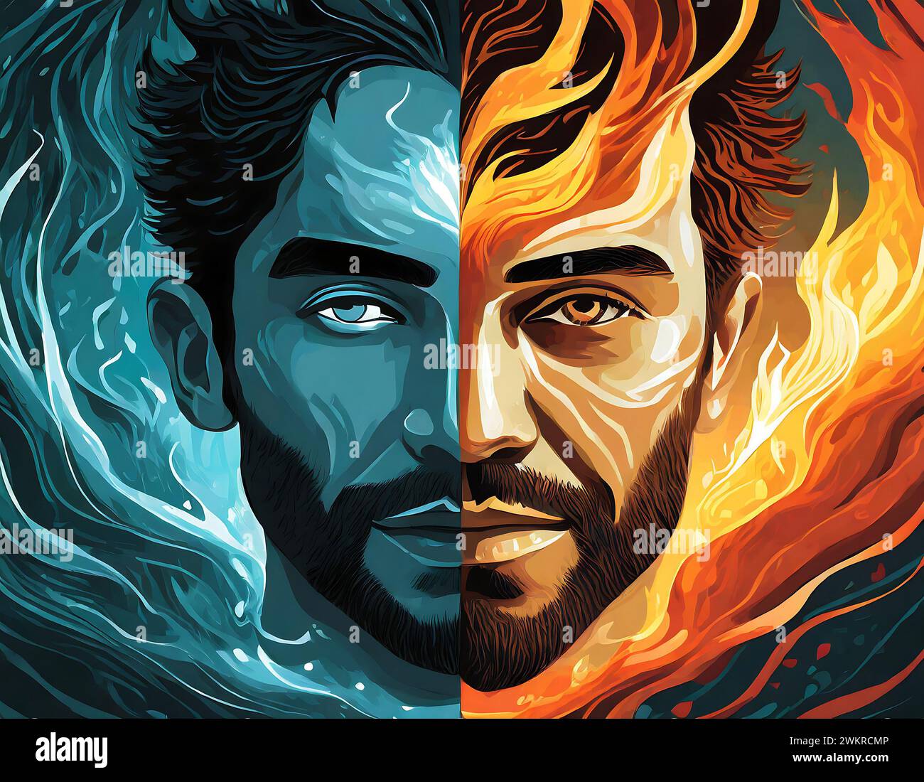 illustration of a man with half face blue and half red, fire and water ...