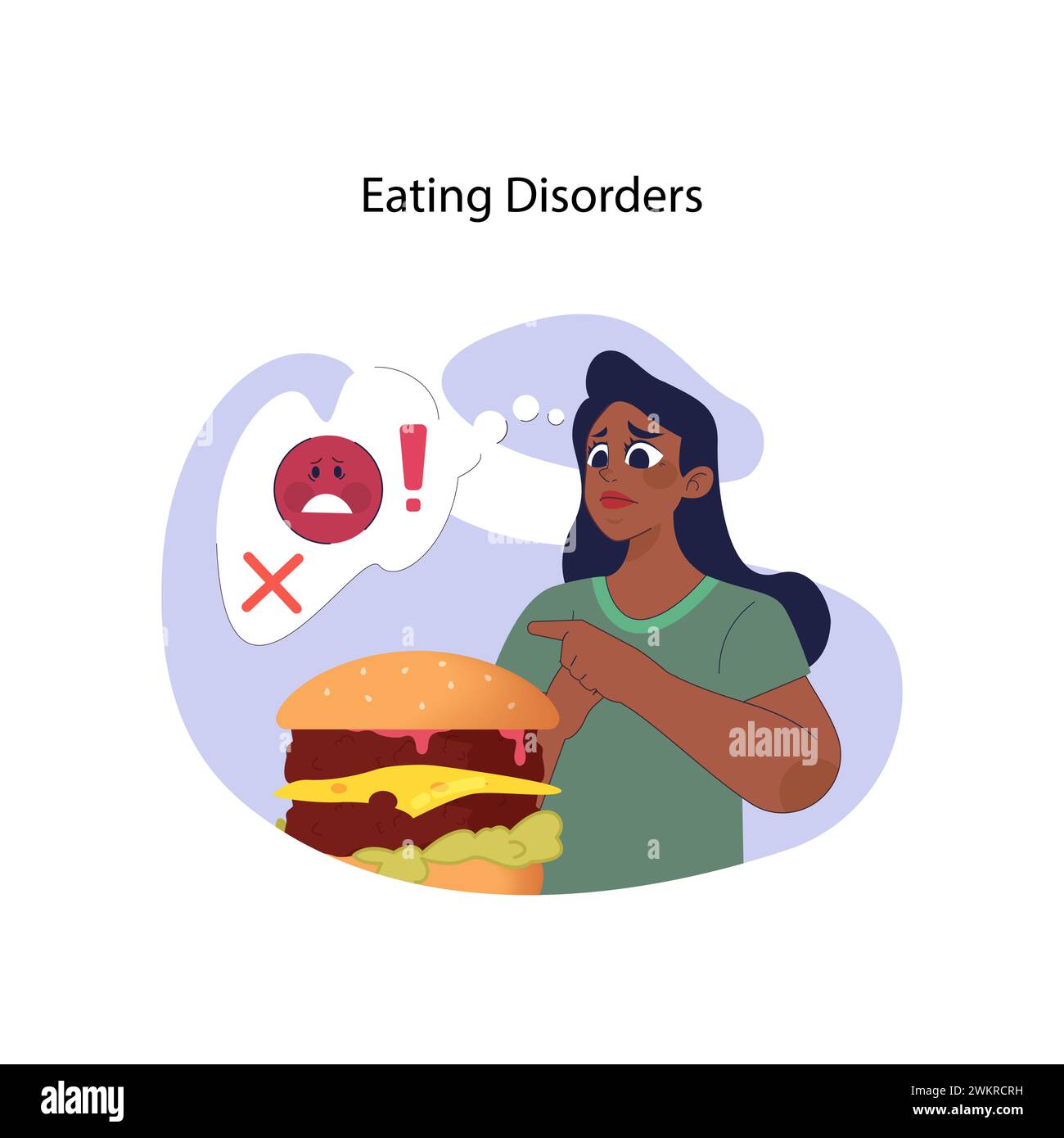 Eating Disorders Concept Concerned Woman Points At Burger Showing