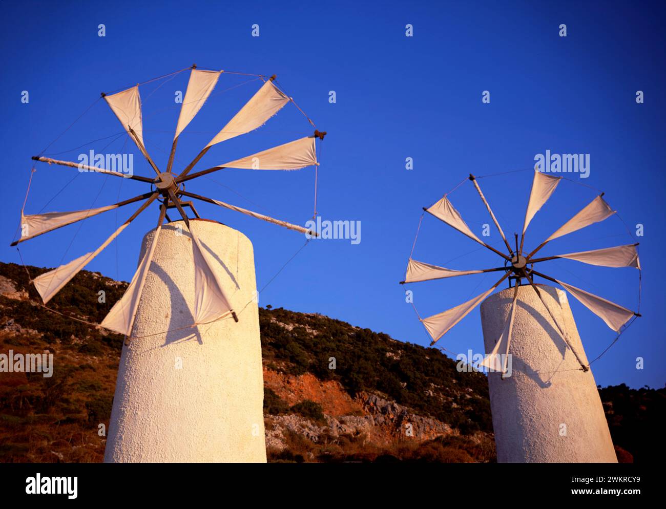 Two white windmills on Lasithi Plateau. Crete, Greece Stock Photo - Alamy