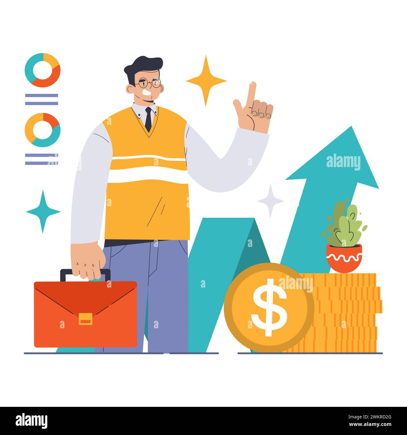 Growth Investing concept. Confident businessman pointing upward, charts ...