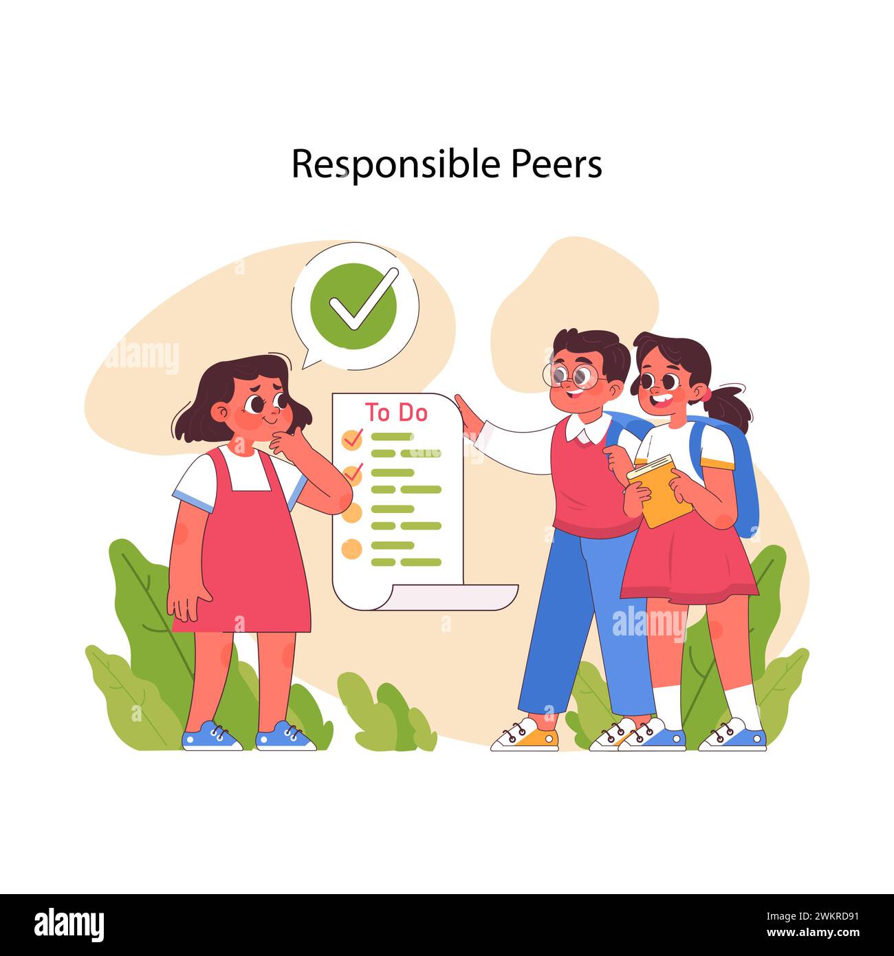 Responsible Peers concept. Animated young students sharing a to-do list ...