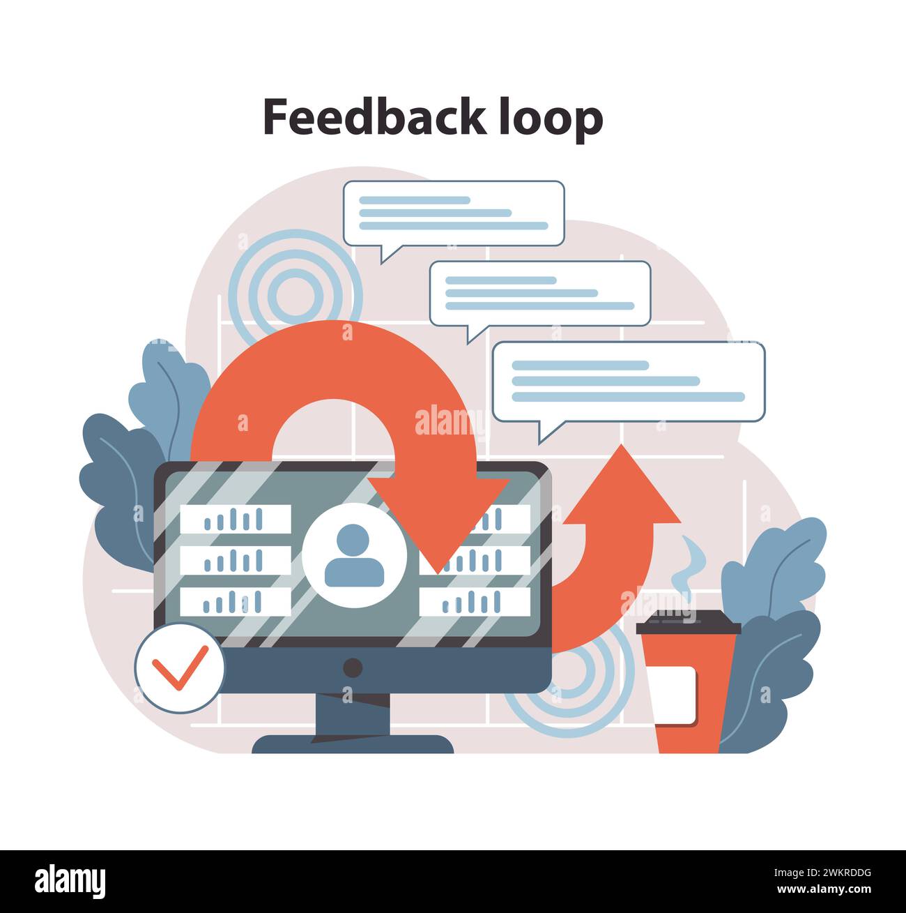 Feedback loop concept. Desktop displays data analysis while continuous ...