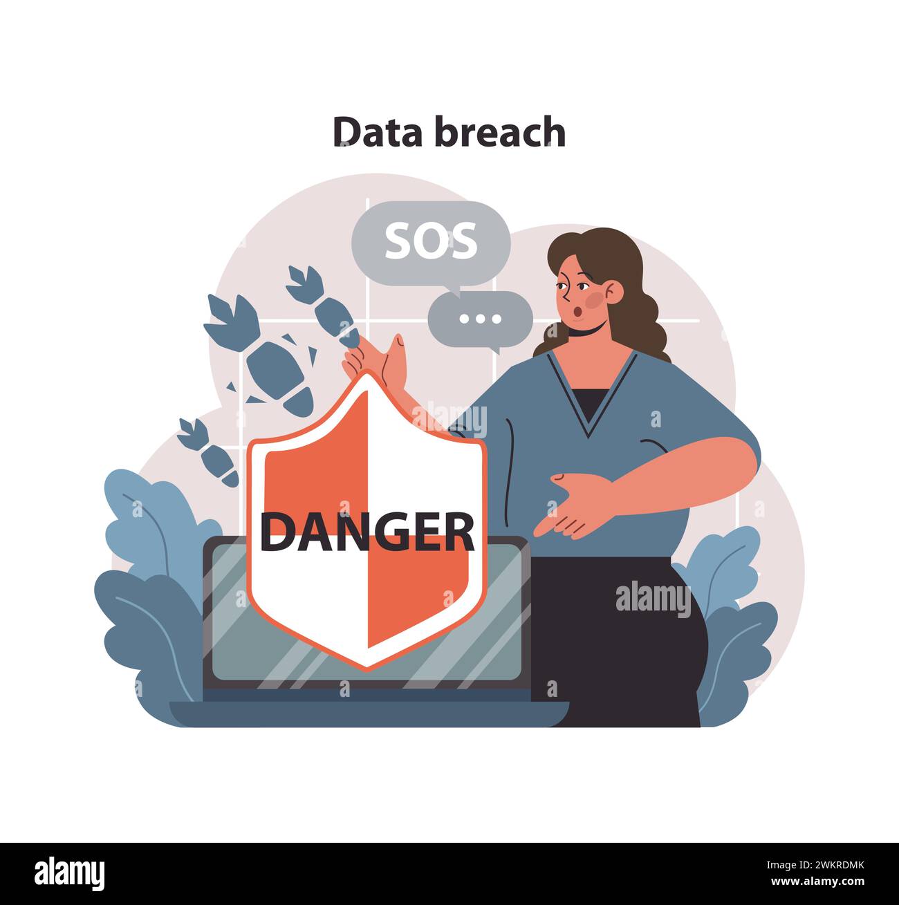 Data breach concept. Concerned woman signals SOS behind a laptop ...