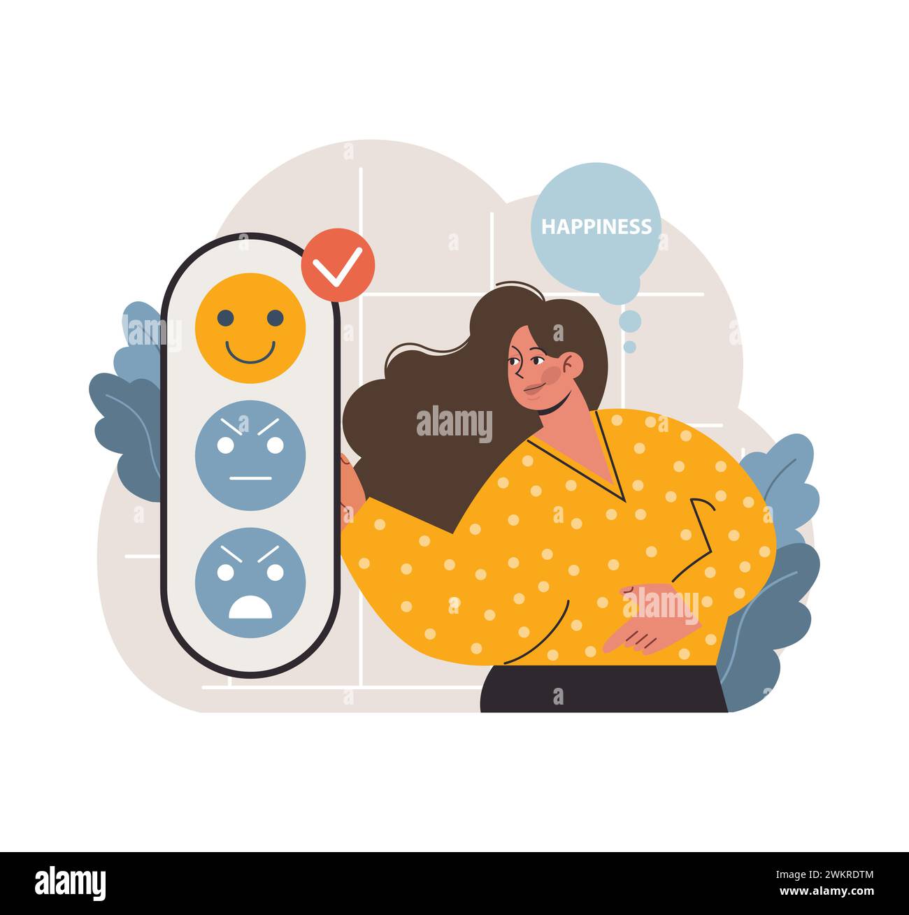 Joyful woman selecting a happy face emoji. Positive mood and embracing ...