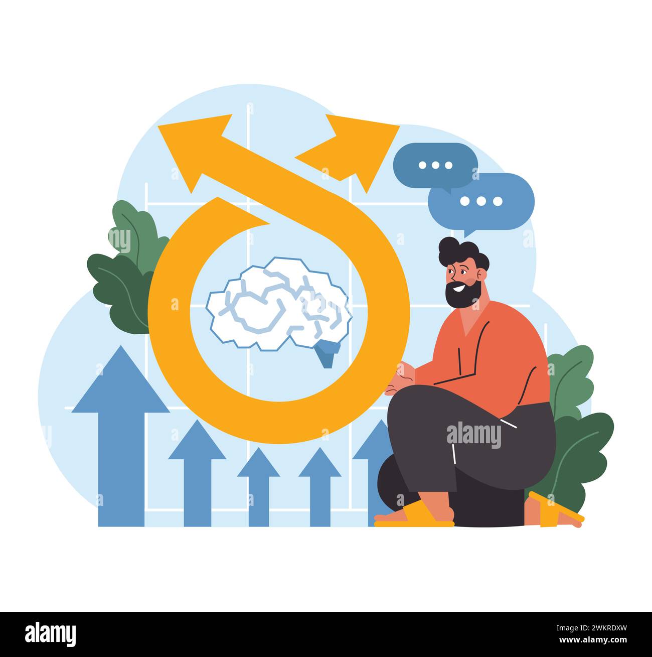 Growth in cognition. Man sitting beside large looped arrow, with a ...