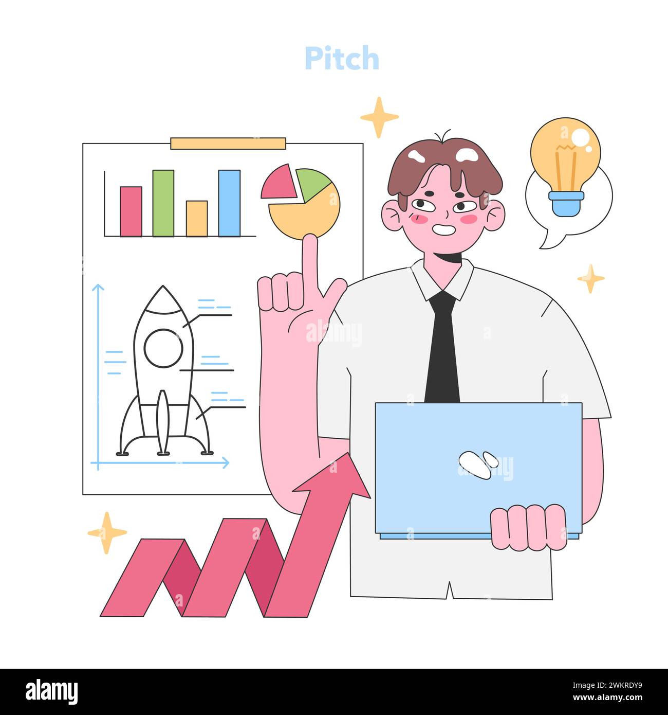 Pitch preparation concept. Energetic man with laptop, pointing at a ...