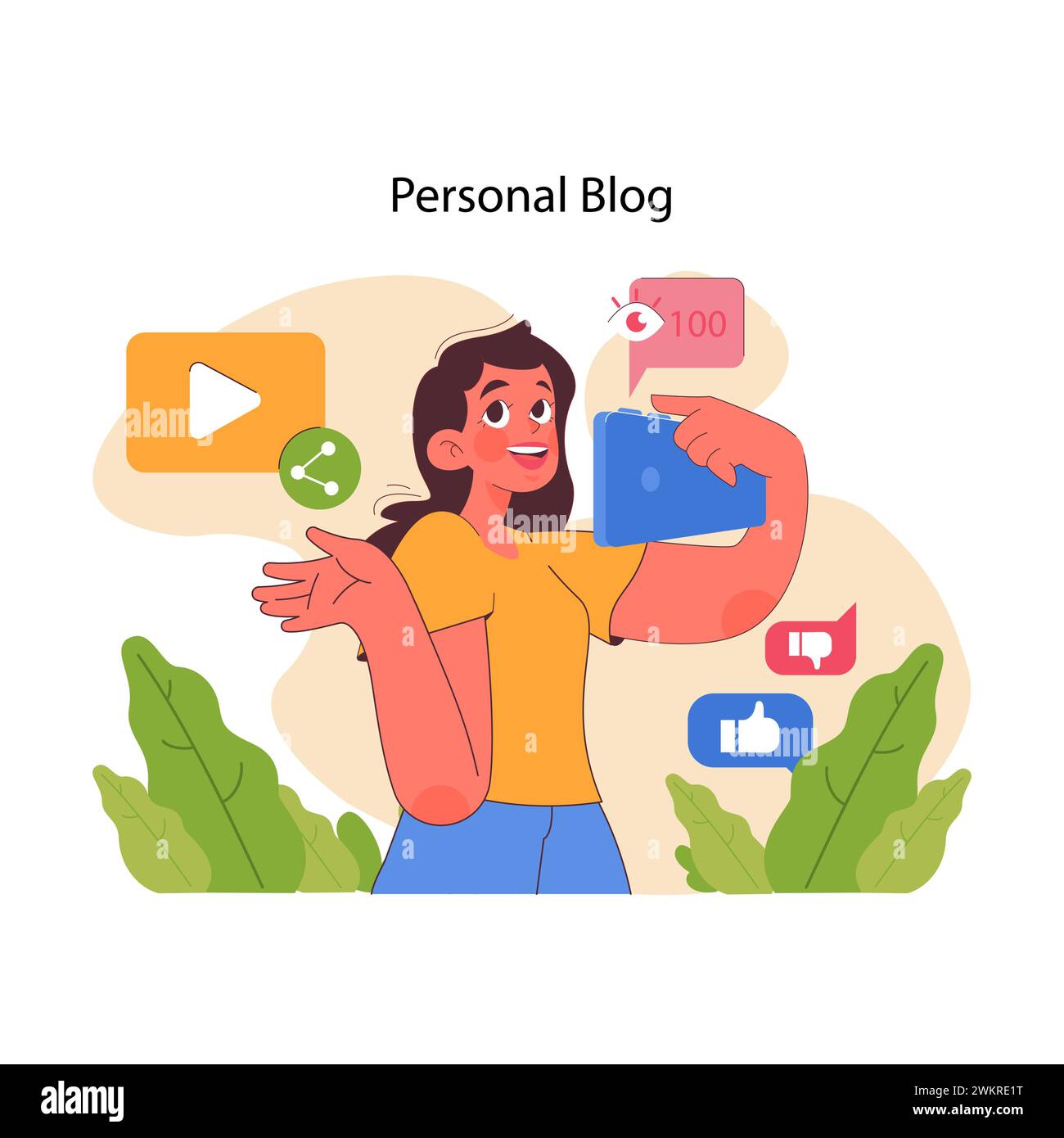 Personal blog concept. Enthusiastic young woman blogger capturing ...