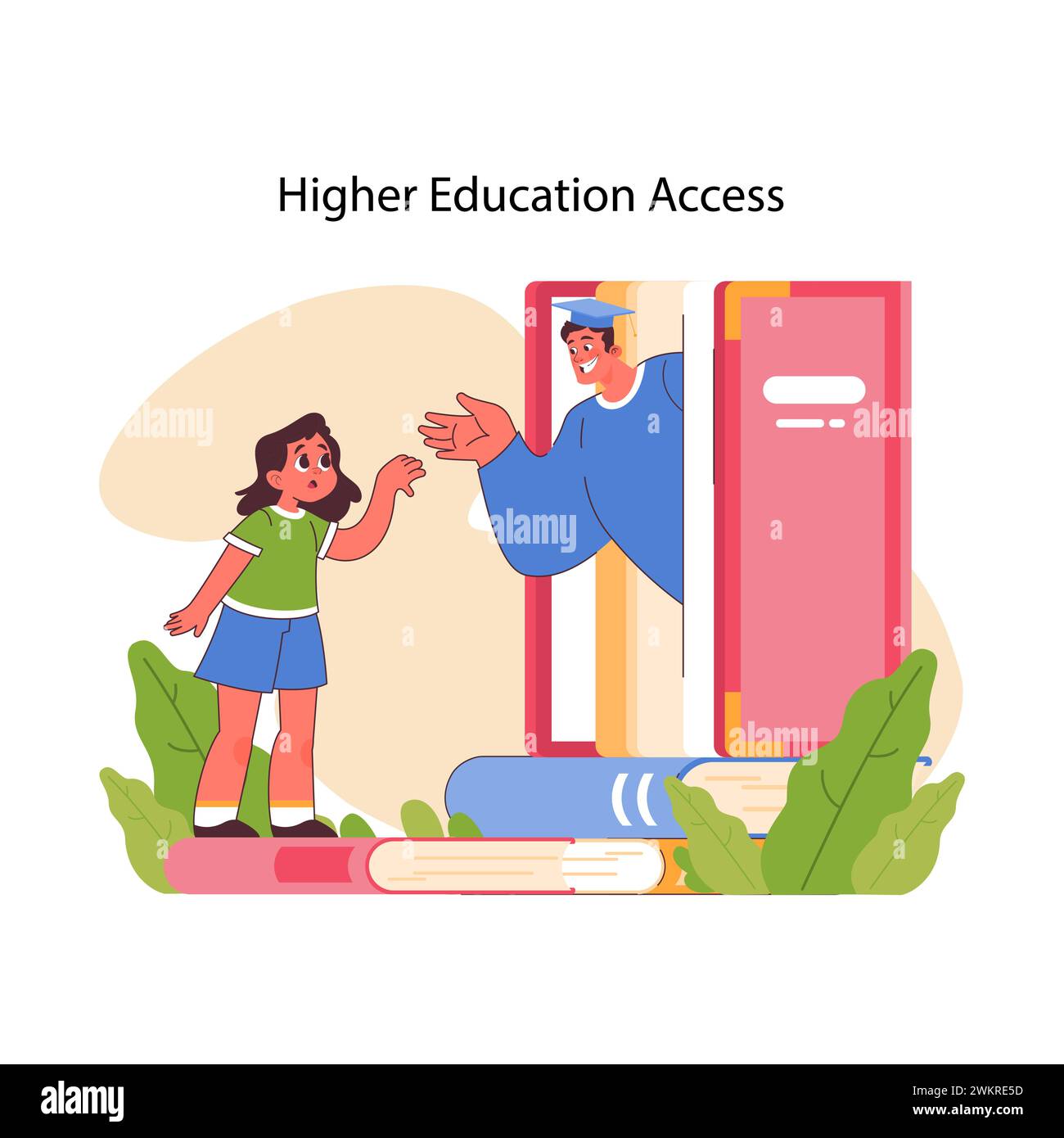 Higher education access concept. Young girl looking up in awe at a graduate emerging from a ...